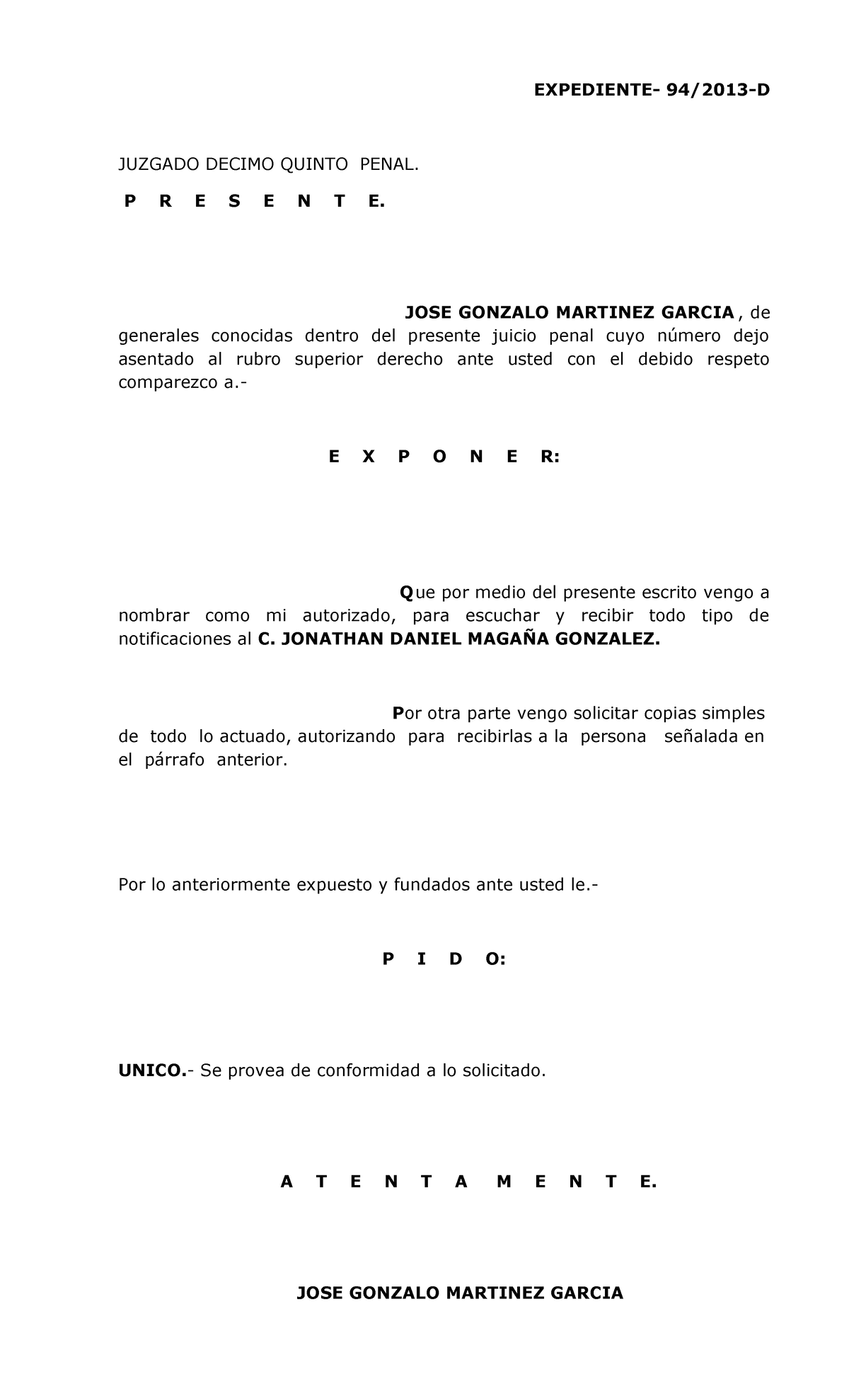 Nombramiento Autorizado Penal Expediente 94 2013 D Juzgado Decimo