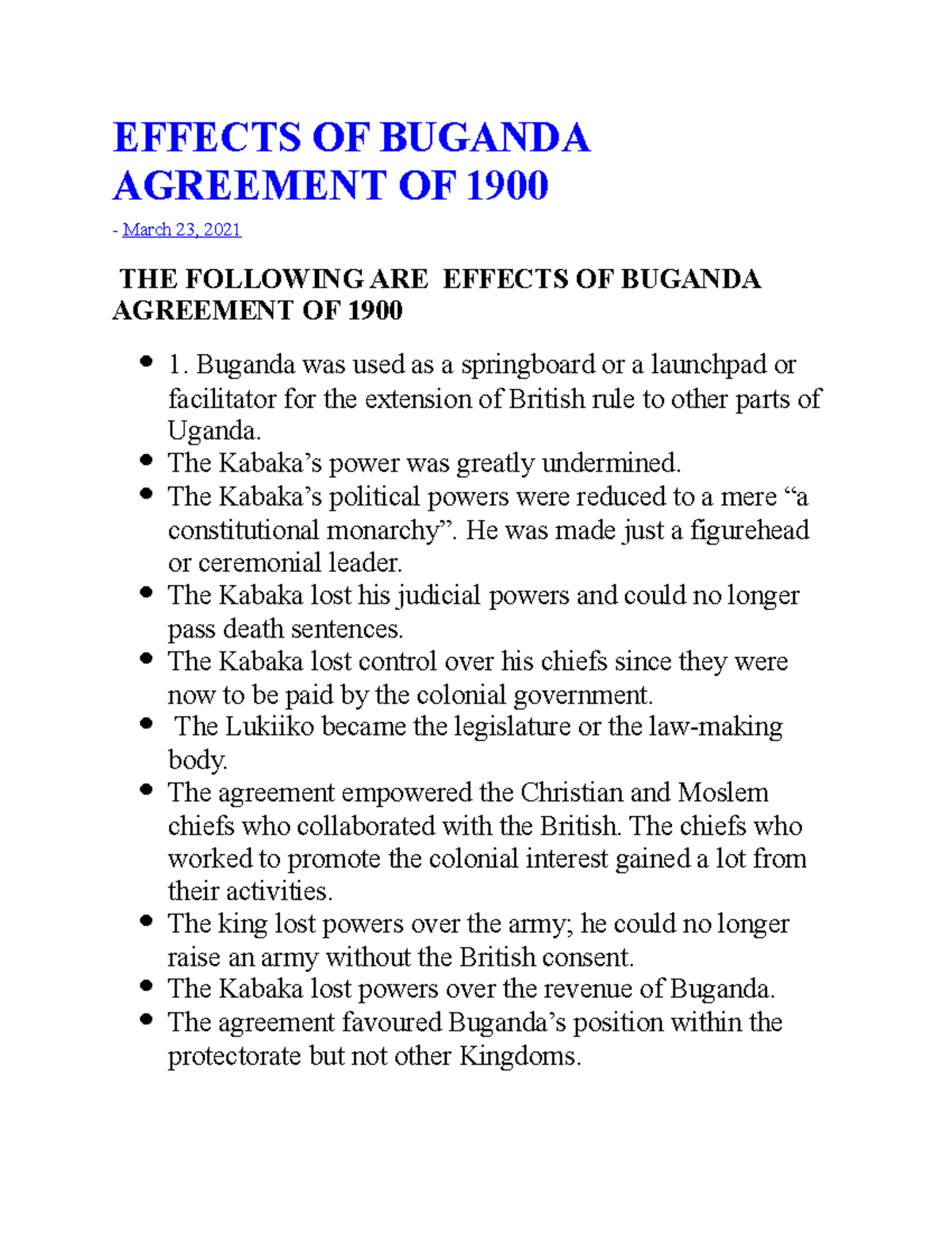 Effects OF Buganda Agreement OF 1900 - EFFECTS OF BUGANDA AGREEMENT OF ...