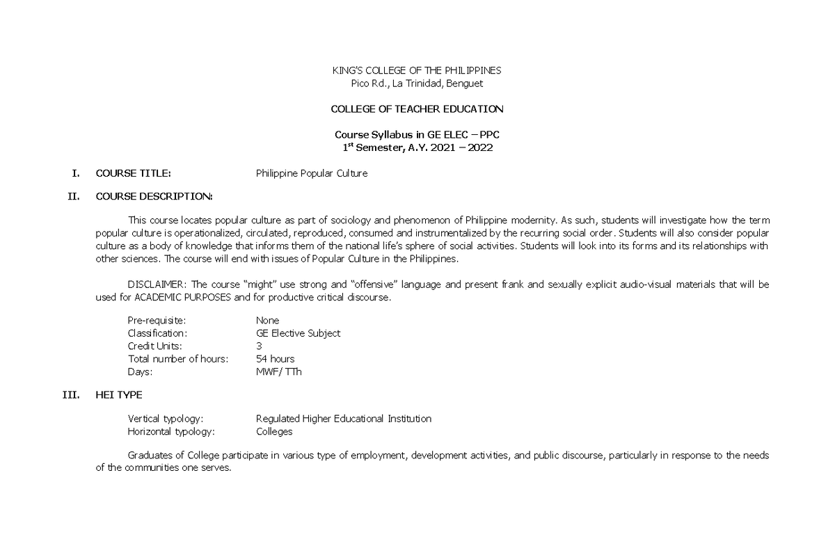 Philippine-popular-culture-syllabus compress - KING9S COLLEGE OF THE ...