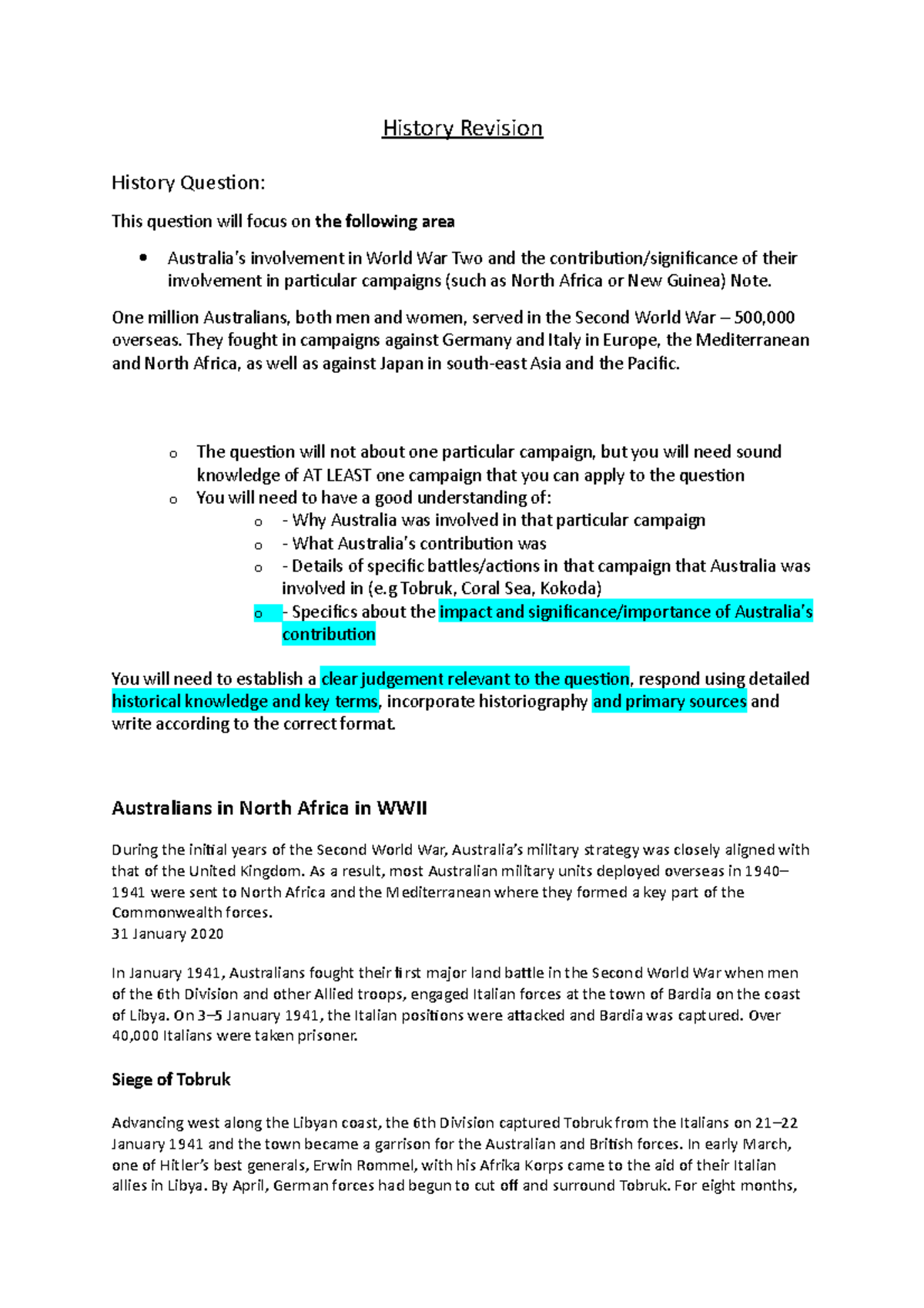 History Revision - Class notes - History Revision History Question ...