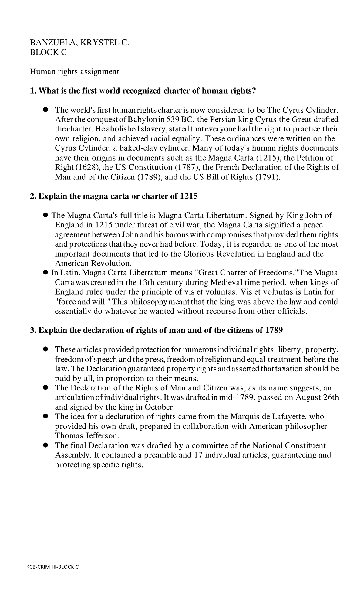 HR - BS Crim 111 - BANZUELA, KRYSTEL C. BLOCK C Human rights assignment ...
