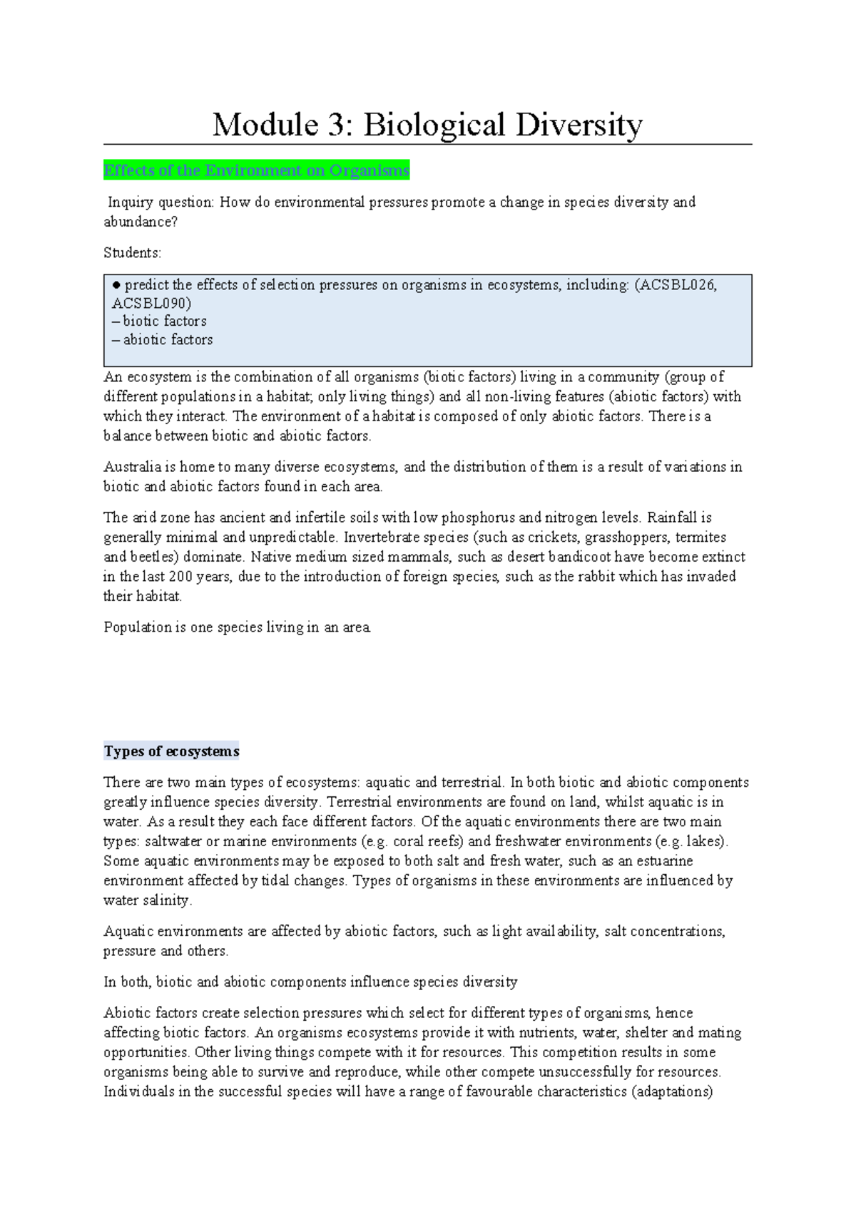 Biology- Module 3 Syllabus notes - Module 3: Biological Diversity ...