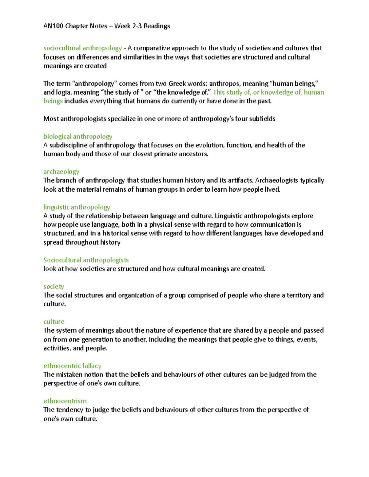 AN100 Chapter Notes – Week 2-3 Readings - sociocultural anthropology ...
