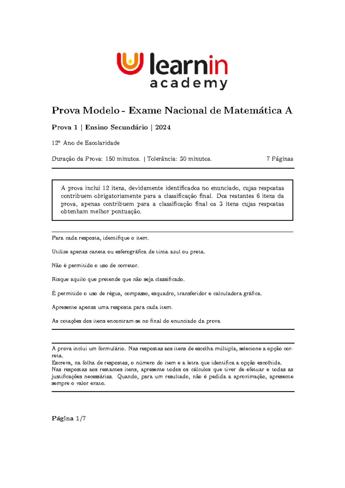 Exame modelo mat 2024 - Prova Modelo - Exame Nacional de Matem ́atica A Prova 1 | Ensino Secund ...