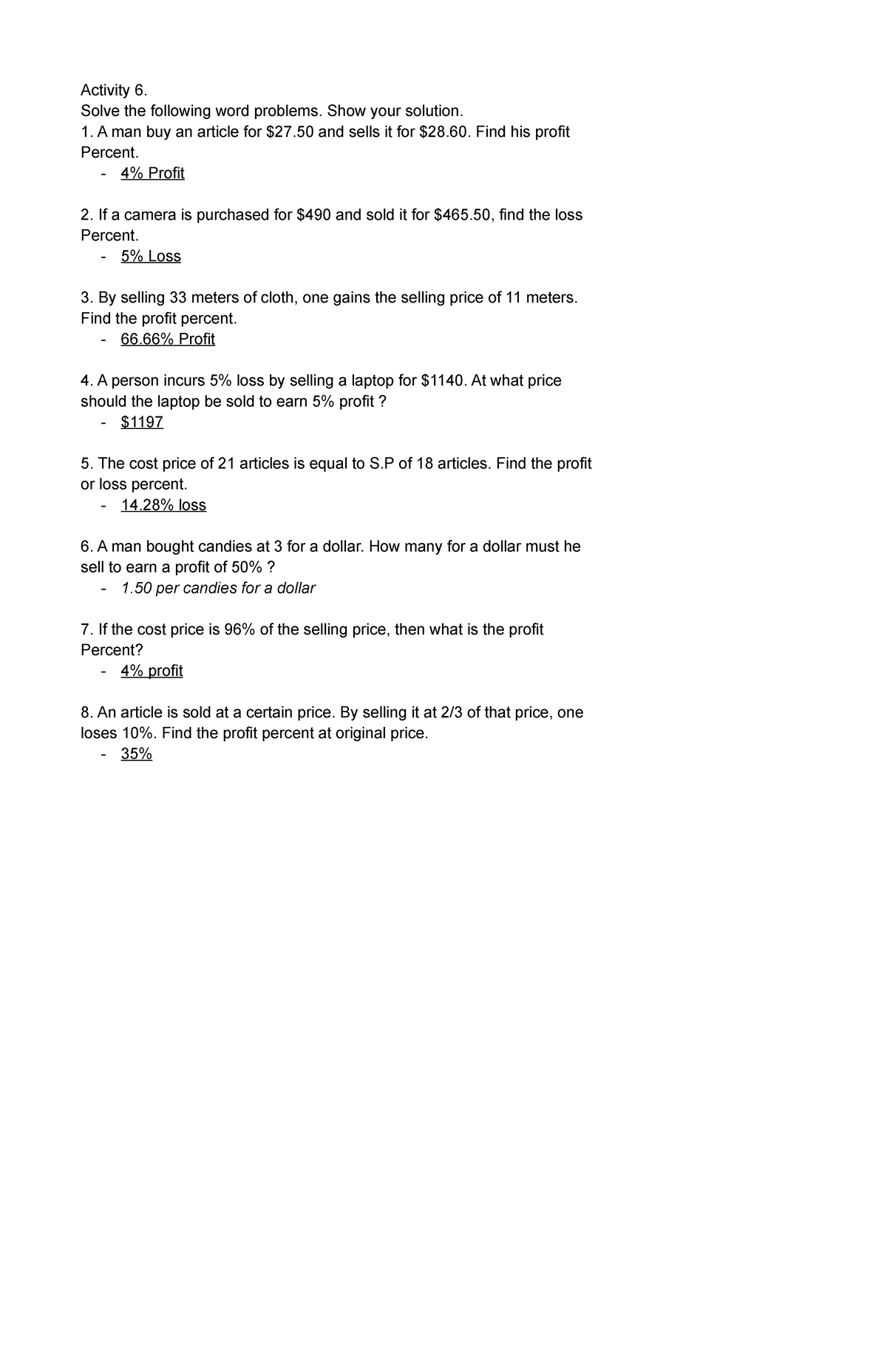 Activity 6 - Math - Activity 6. Solve the following word problems. Show ...