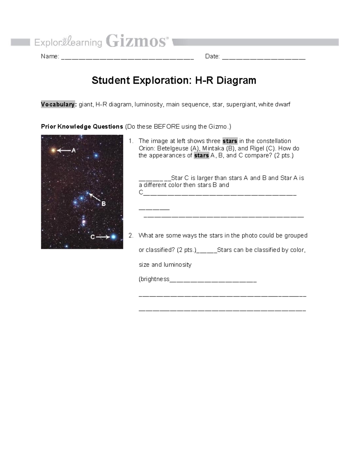 Copy of H-R Diagram Gizmo Worksheet - Name ...