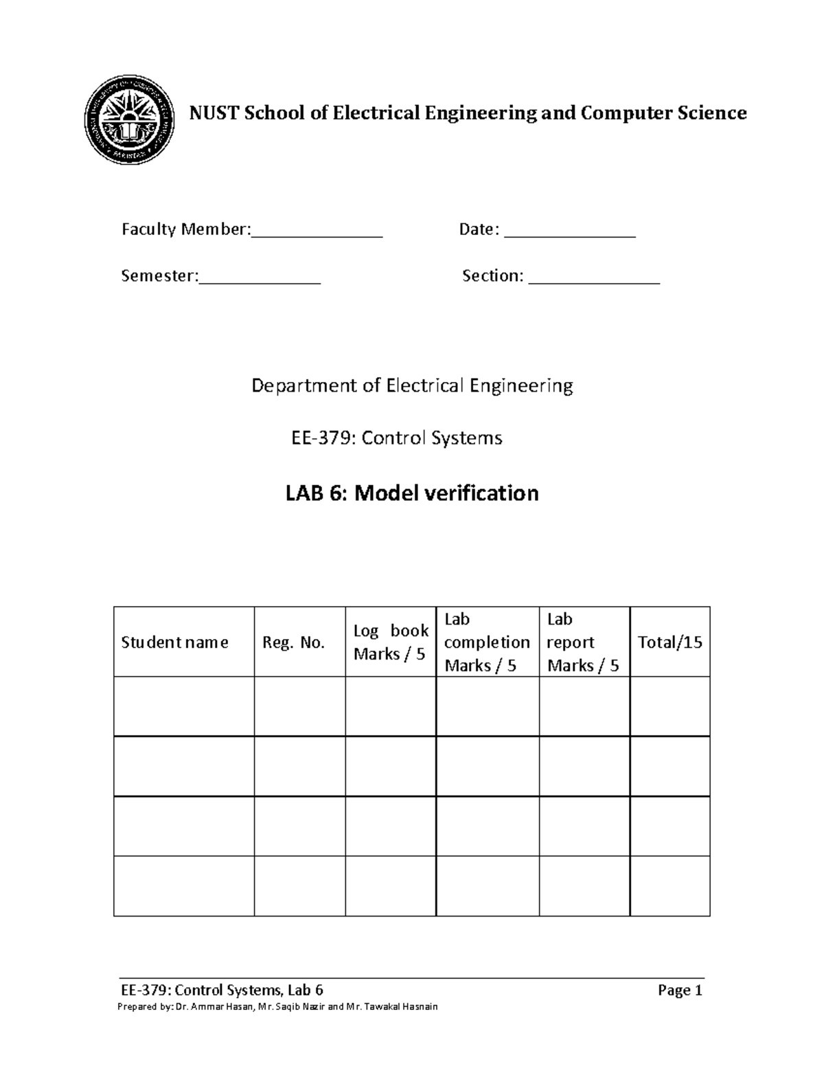 Control Systems Lab 06 - No. Log book Marks / 5 Lab completion Marks ...