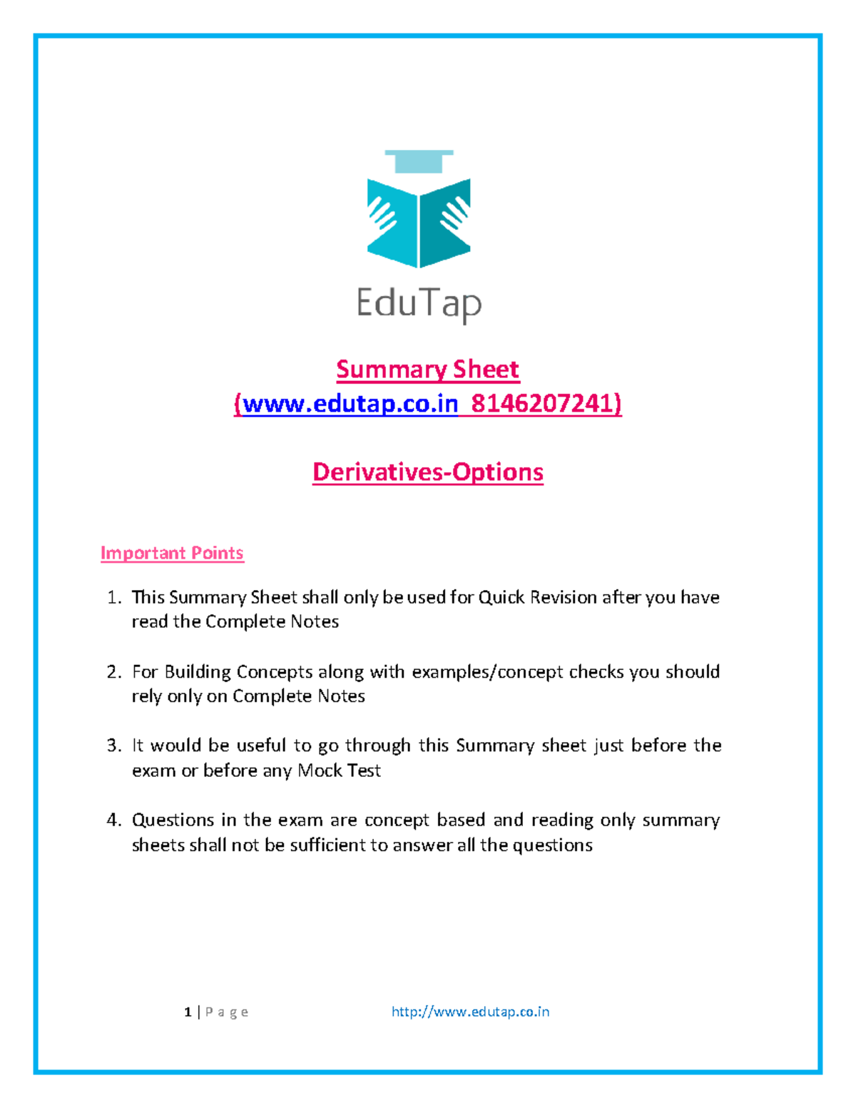 5 Derivatives - Options - Summary Sheet (edutap.co 8146207241 ...