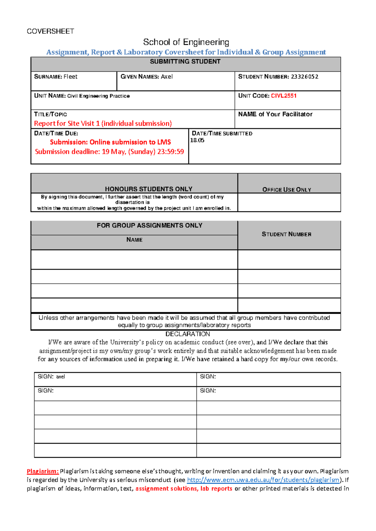 Site Visit 1 Report description 2024 05 02 - COVERSHEET School of ...