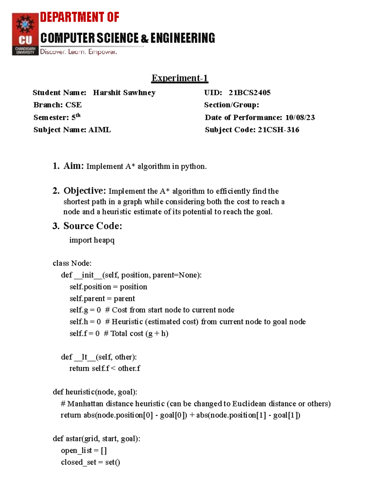 AIML EXP 1 - Nothing - COMPUTER SCIENCE & ENGINEERING Experiment- 1 Student Name: Harshit - Studocu