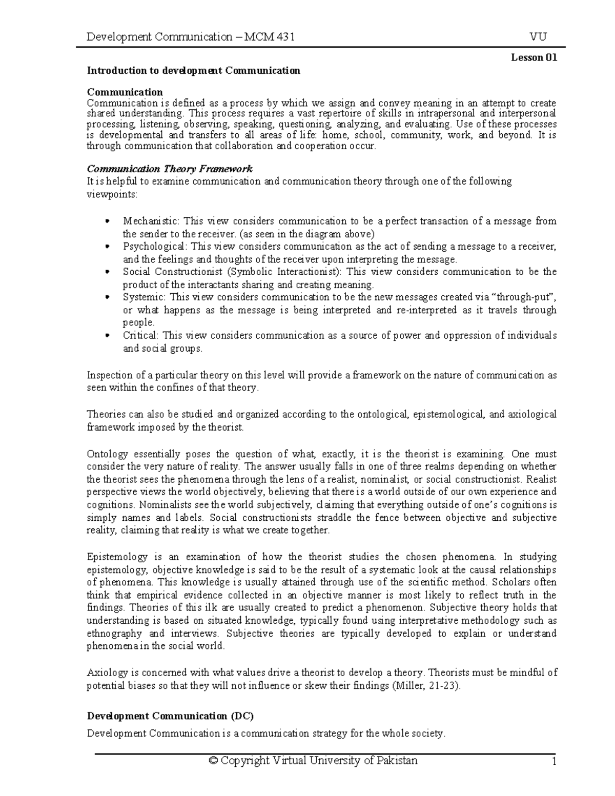 Handouts mcm431 - Lesson 01 Introduction to development Communication ...