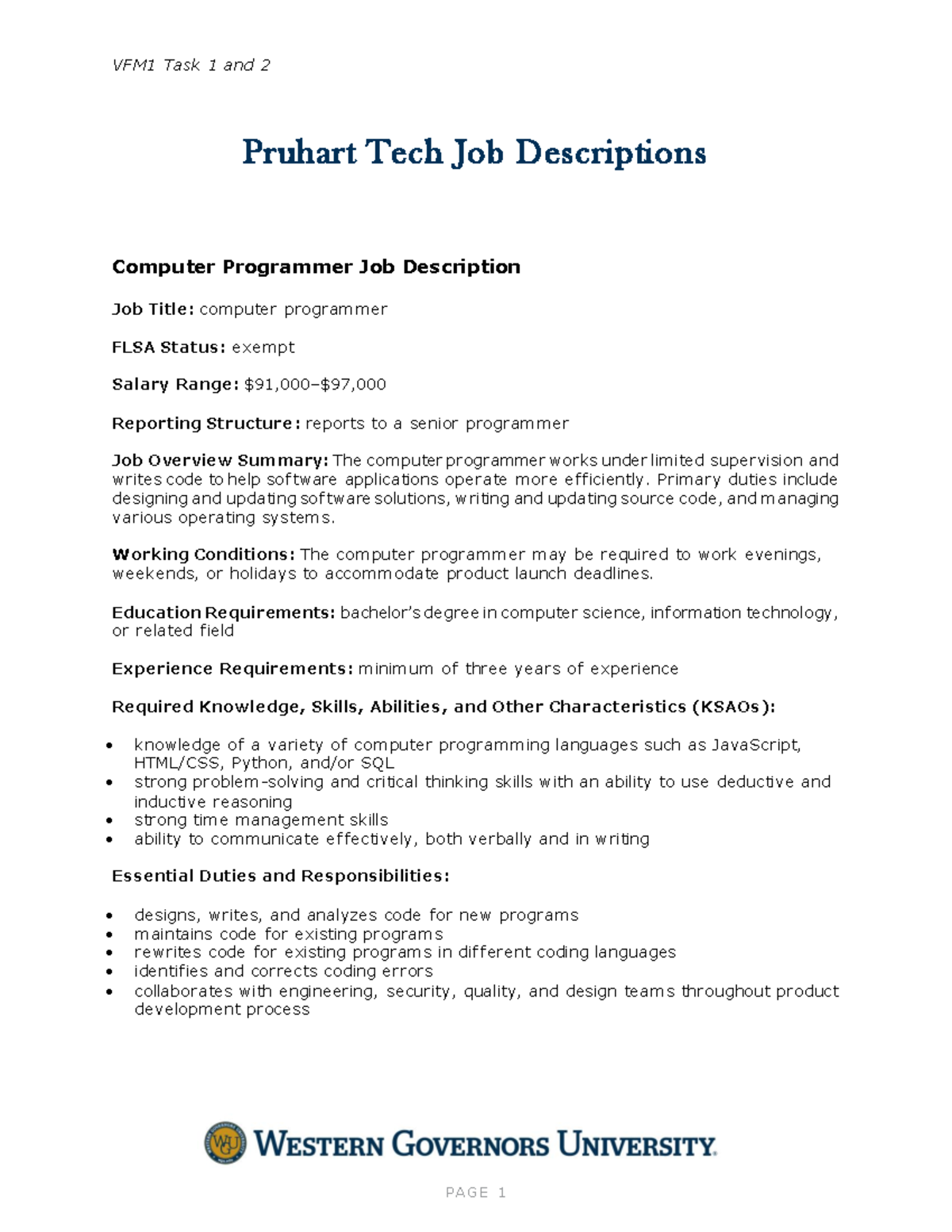 Pruhart Tech Job Descriptions Final - VFM1 Task 1 and 2 P A G E 1 ...