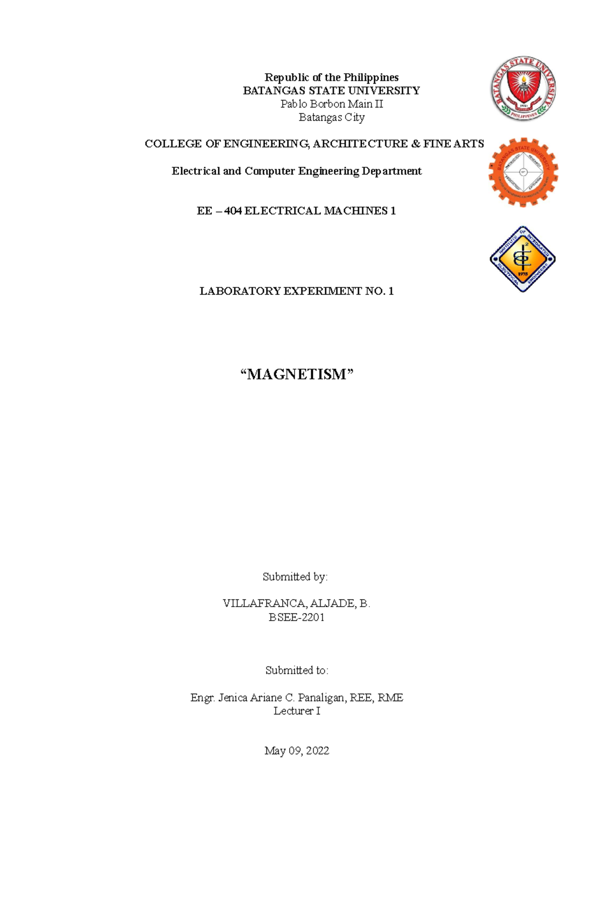 Laboratory- Experiment-NO - Republic of the Philippines BATANGAS STATE ...