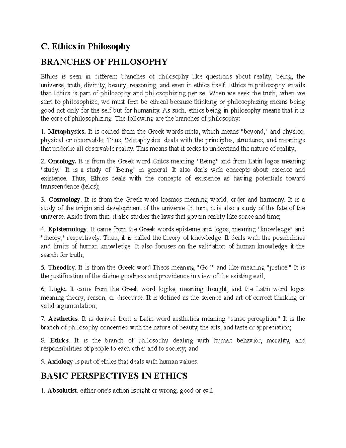 Ethics in Philosophy - For References and Self-Study - C. Ethics in ...