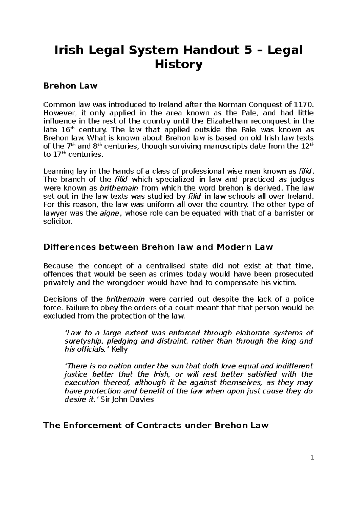 ILS History ho 15 - Irish Legal Systems - Irish Legal System Handout 5 ...