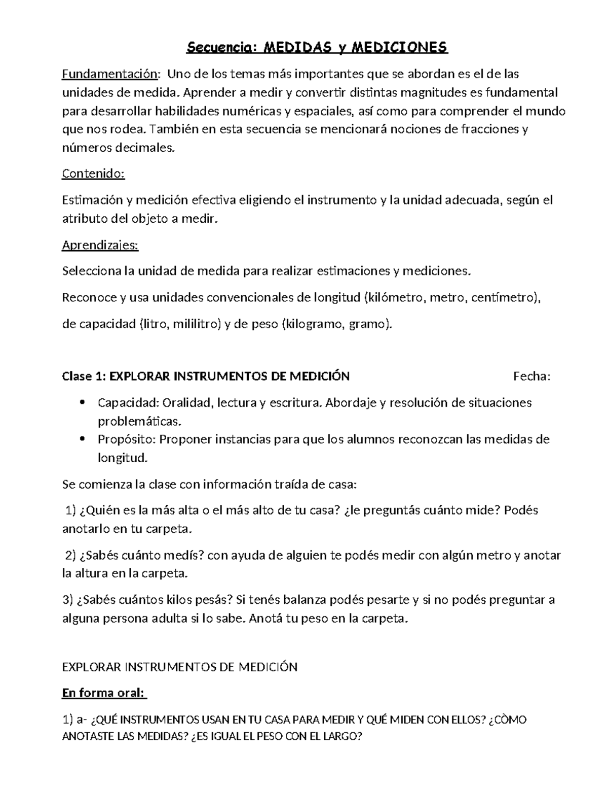 Clase 6 Medidas y Mediciones - Secuencia: MEDIDAS y MEDICIONES ...