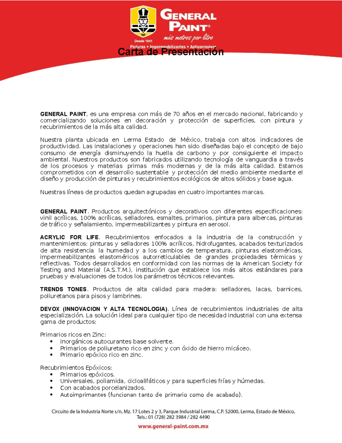 Carta de Presentacion - GENERAL PAINT, es una empresa con más de 70 años en el mercado nacional ...