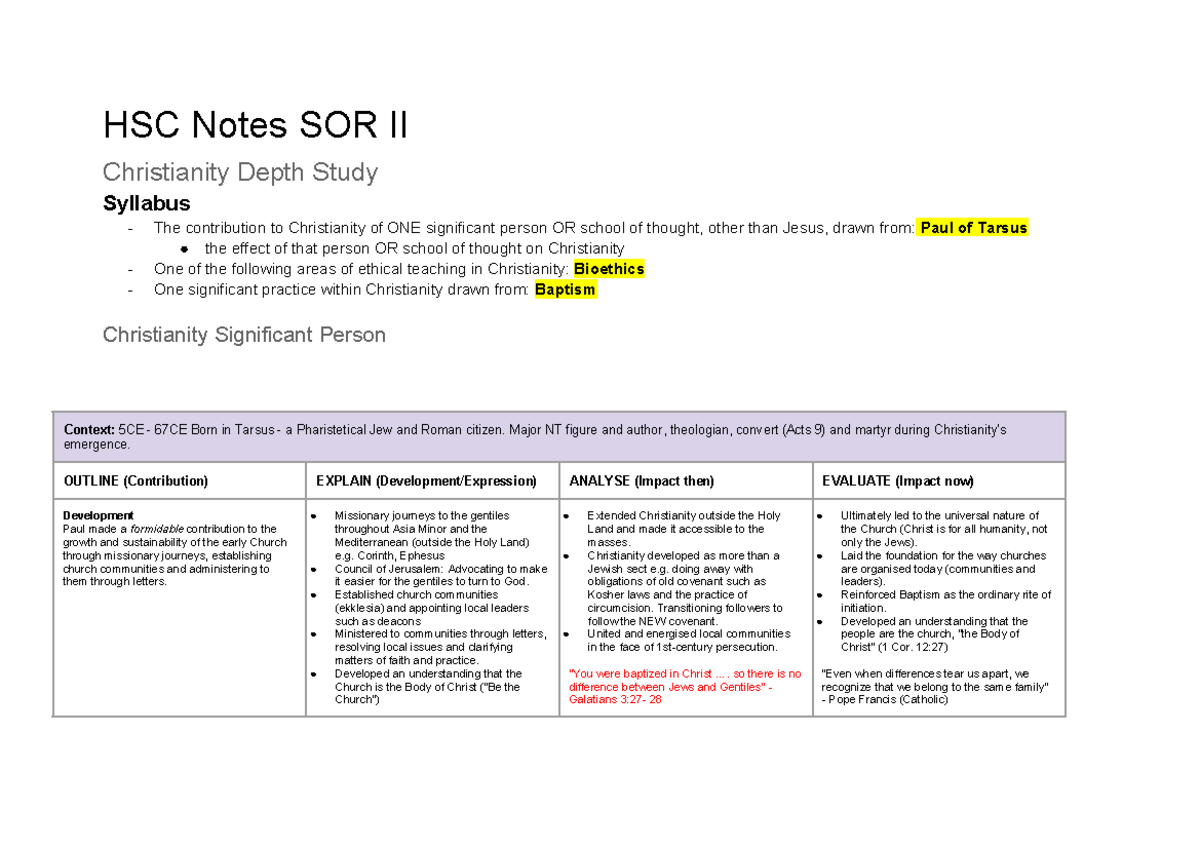 SoR Hsc Notes 1 - HSC Notes SOR II Christianity Depth Study Syllabus ...