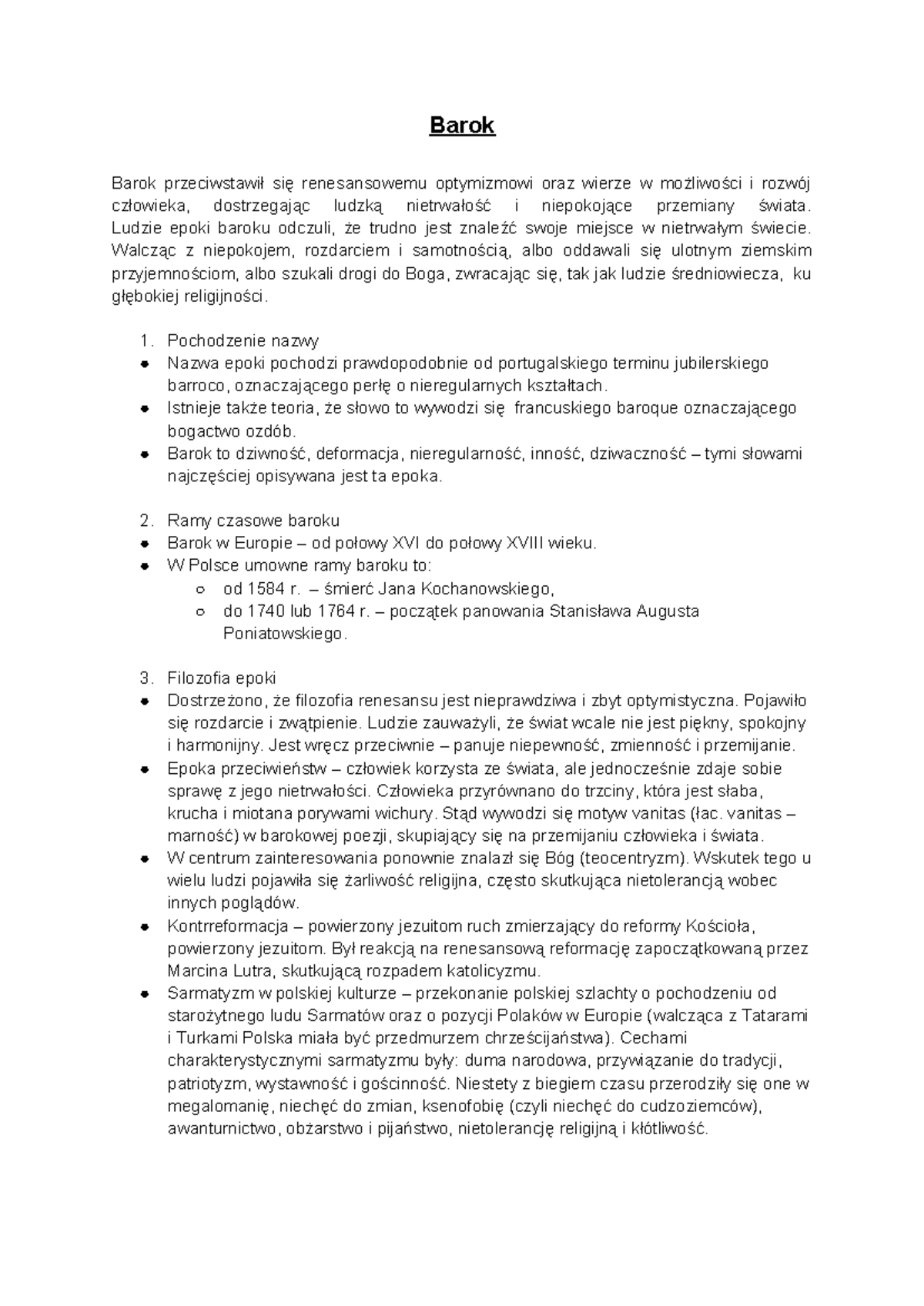 Barok - Barok Barok przeciwstawił się renesansowemu optymizmowi oraz wierze w możliwości i ...