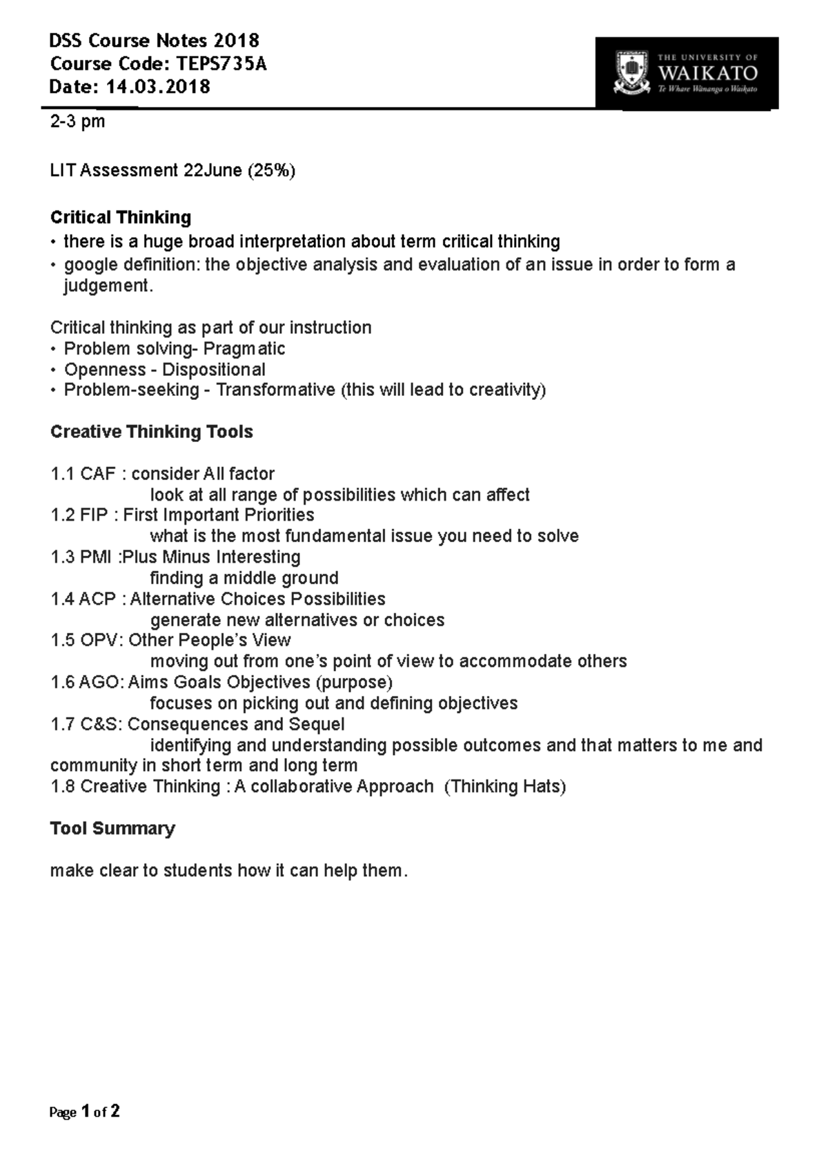 14 - Lecture notes 4 - DSS Course Notes 2018 Course Code: TEPS735A Date ...