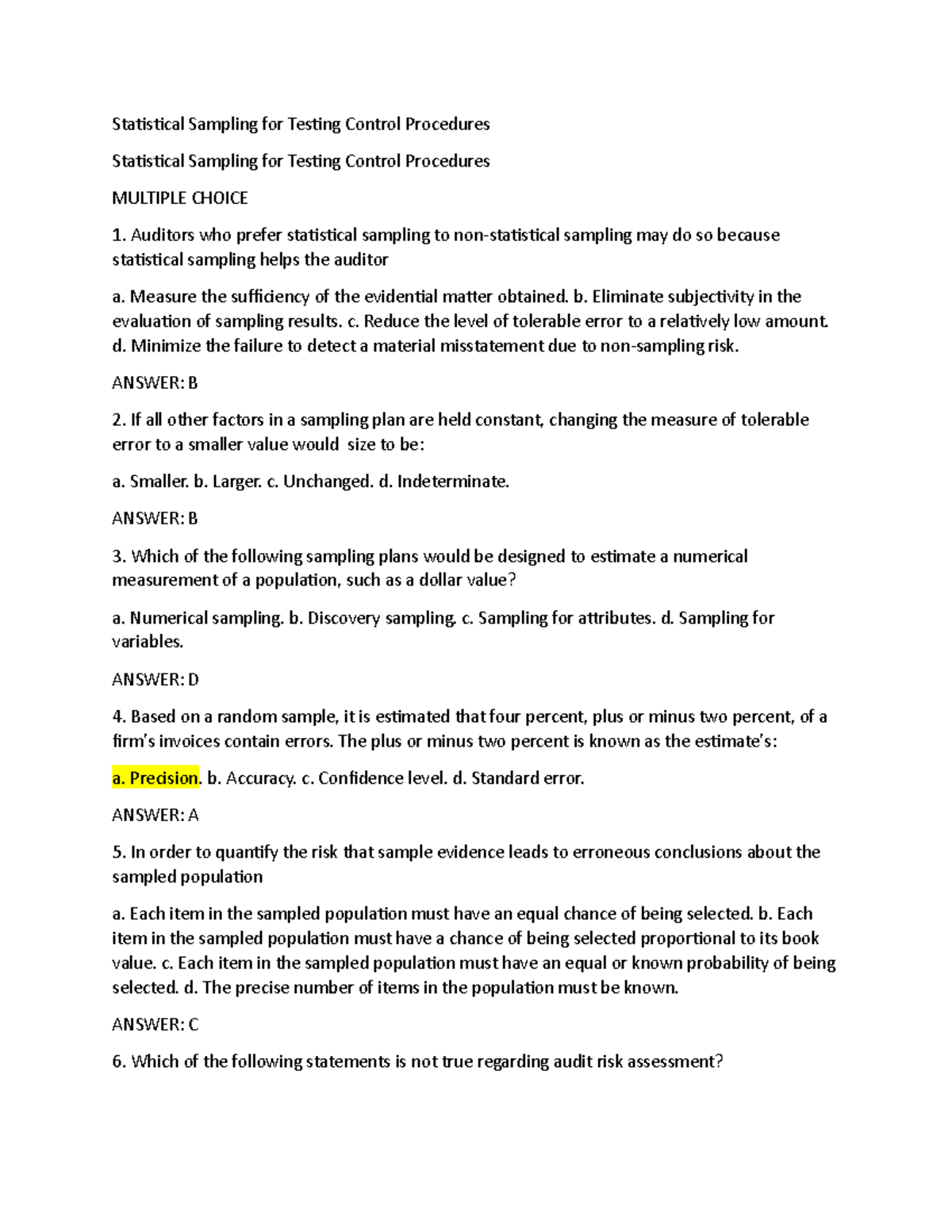Auditing Statistical Sampling for Testing Control Procedures ...
