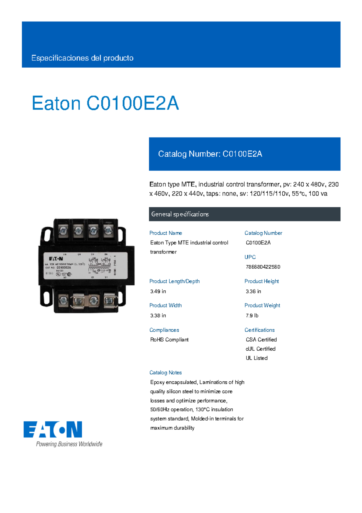 Ficha técnica Eaton C0100E2A - Especificaciones del producto Eaton ...