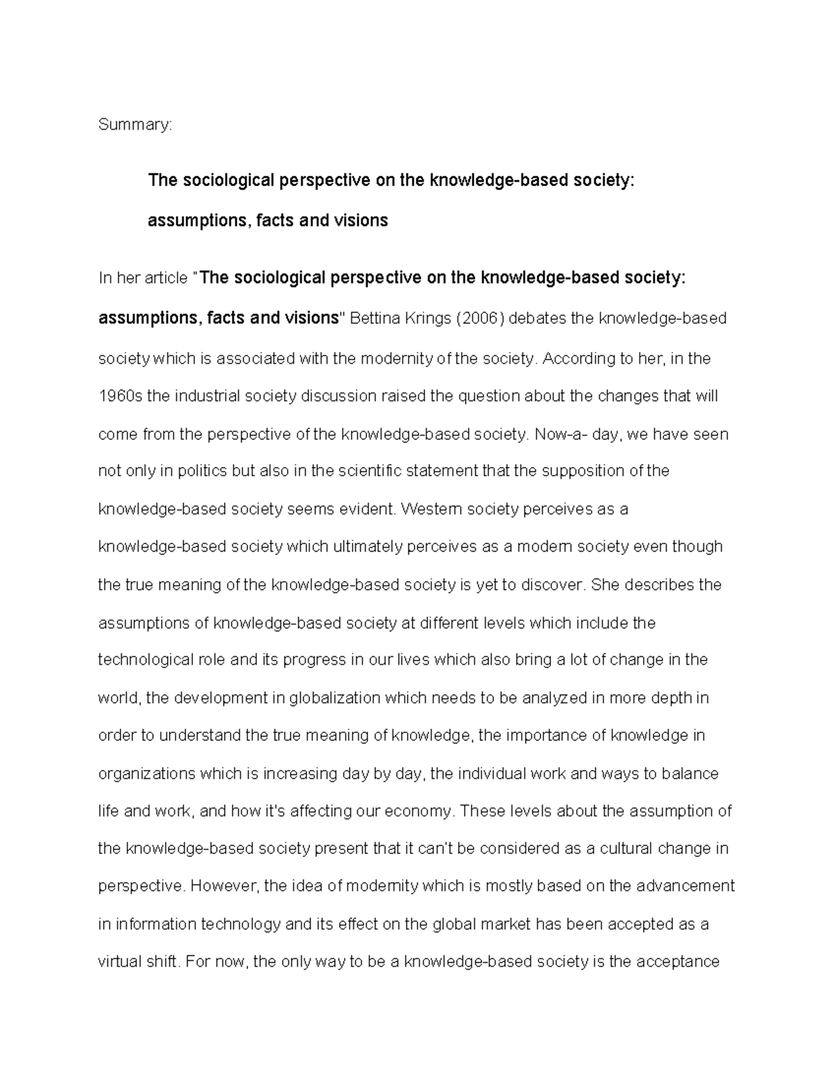 Summary 1 - The sociological perspective on the knowledge-based society ...
