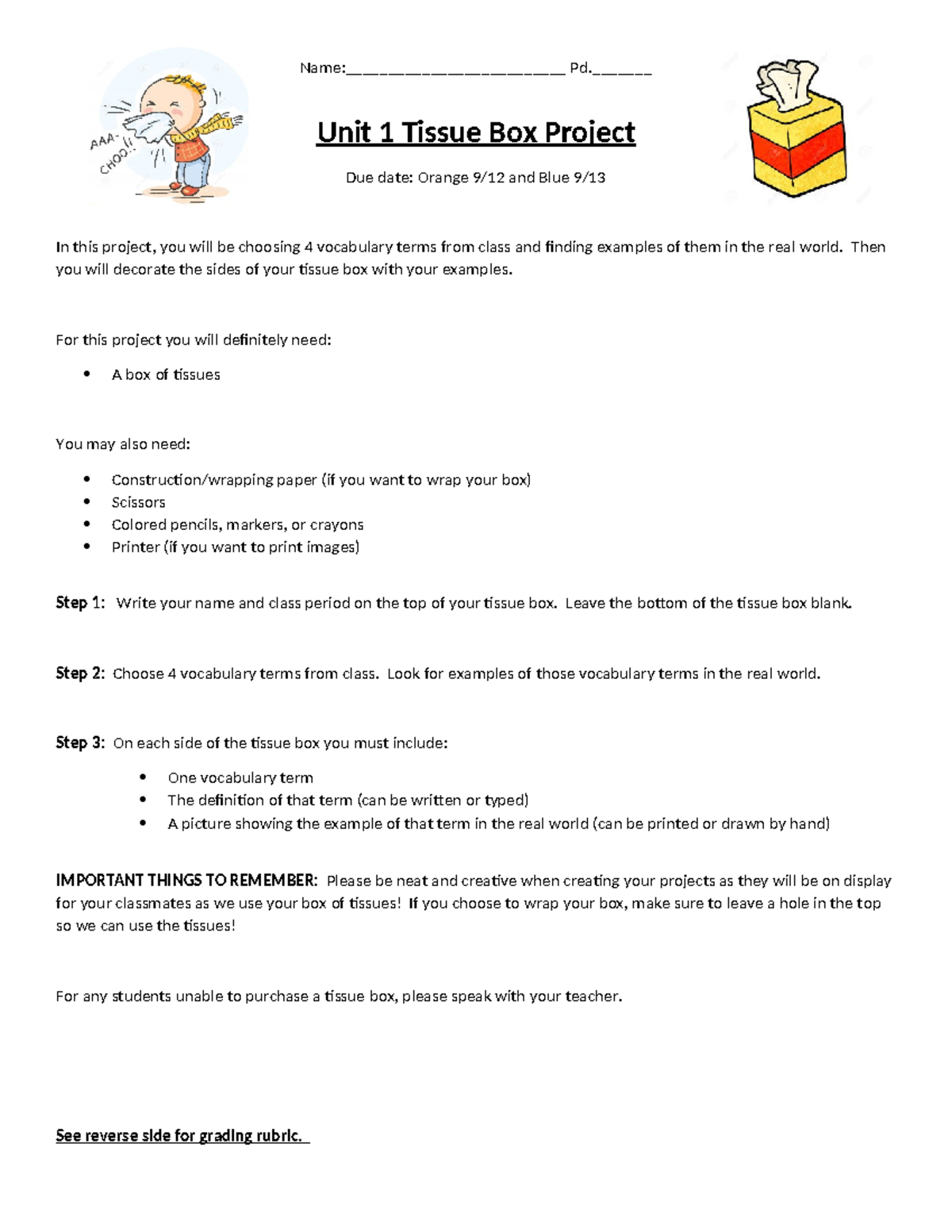 Honors+Tissue+Box+Project - Name:__________________________ Pd ...