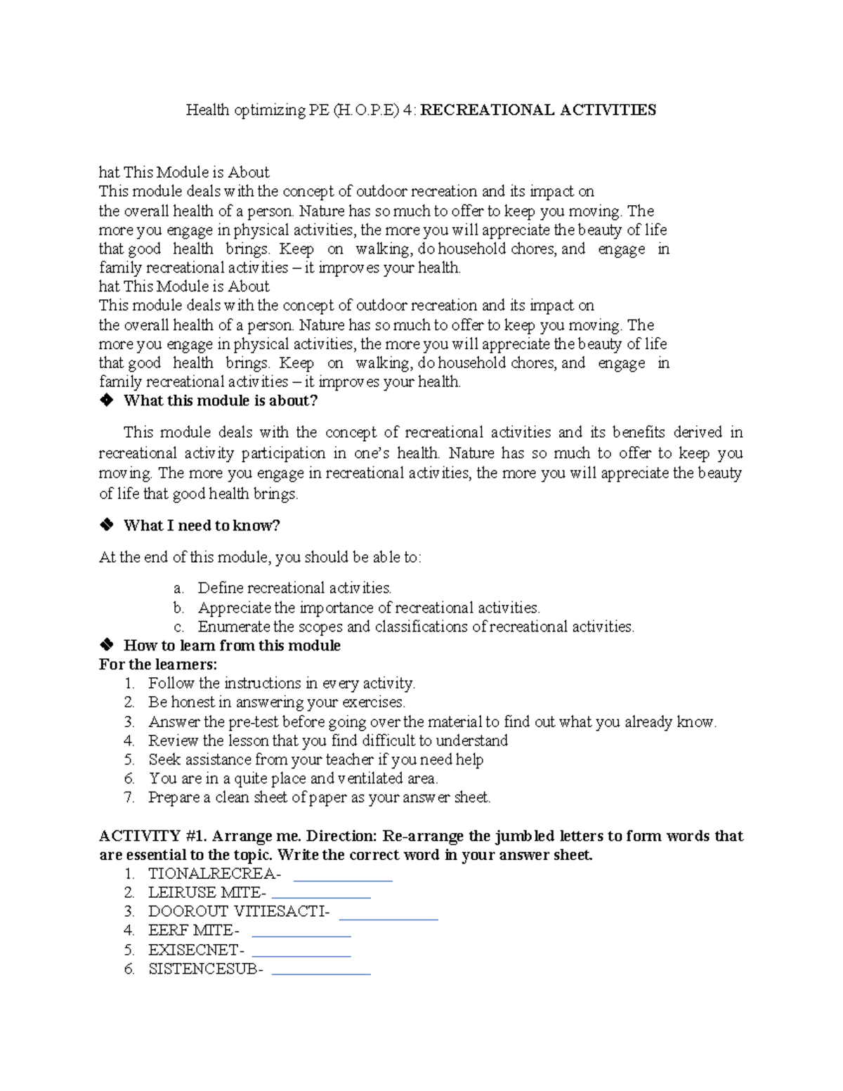 HOPE 4 Module 1 - Health optimizing PE (H.O.P) 4: RECREATIONAL ...