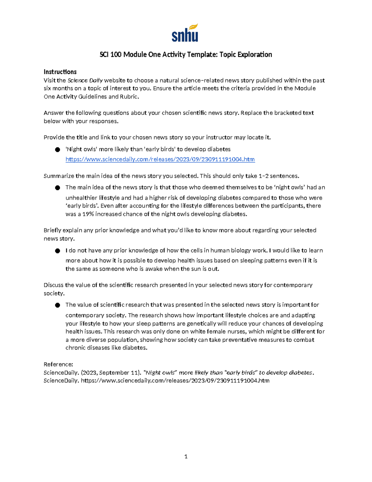 SCI 100 Module One Activity - Ensure the article meets the criteria provided in the Module One ...