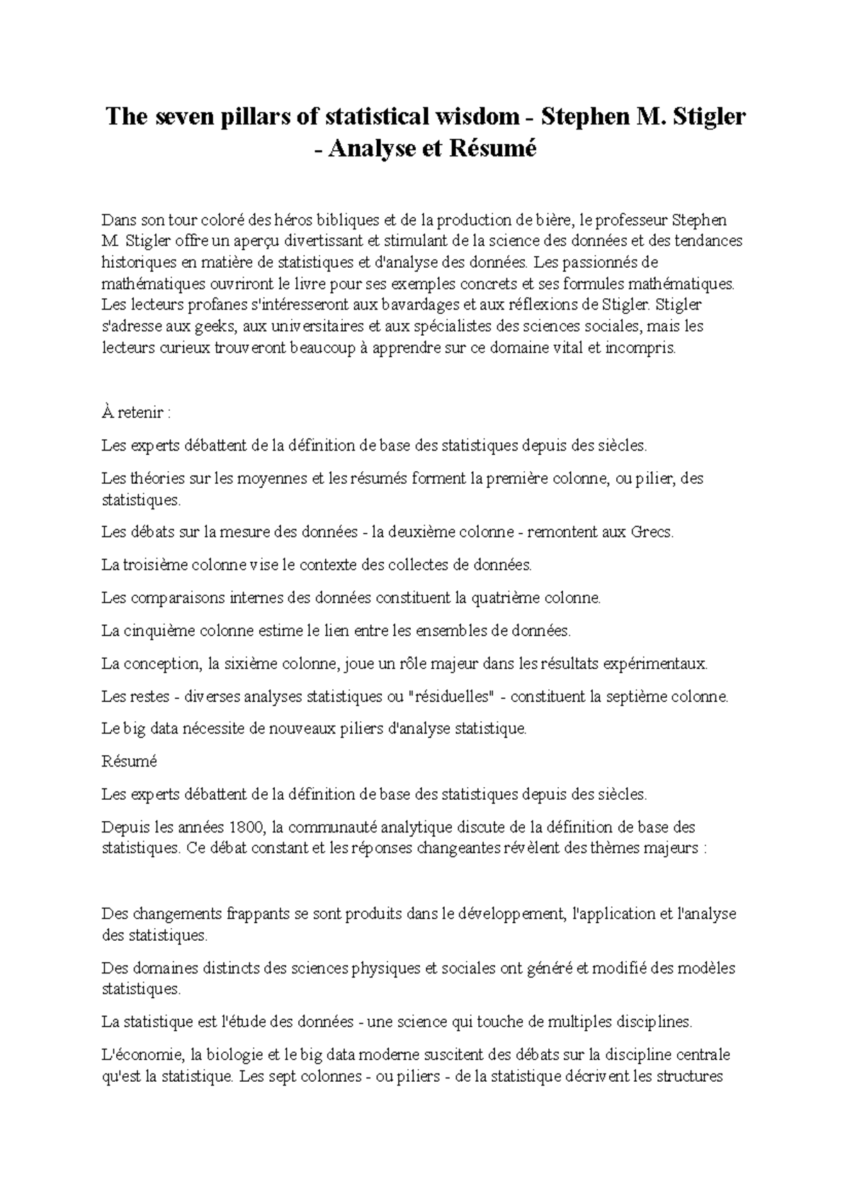 The seven pillars of statistical wisdom - Stephen M. Stigler - Analyse ...