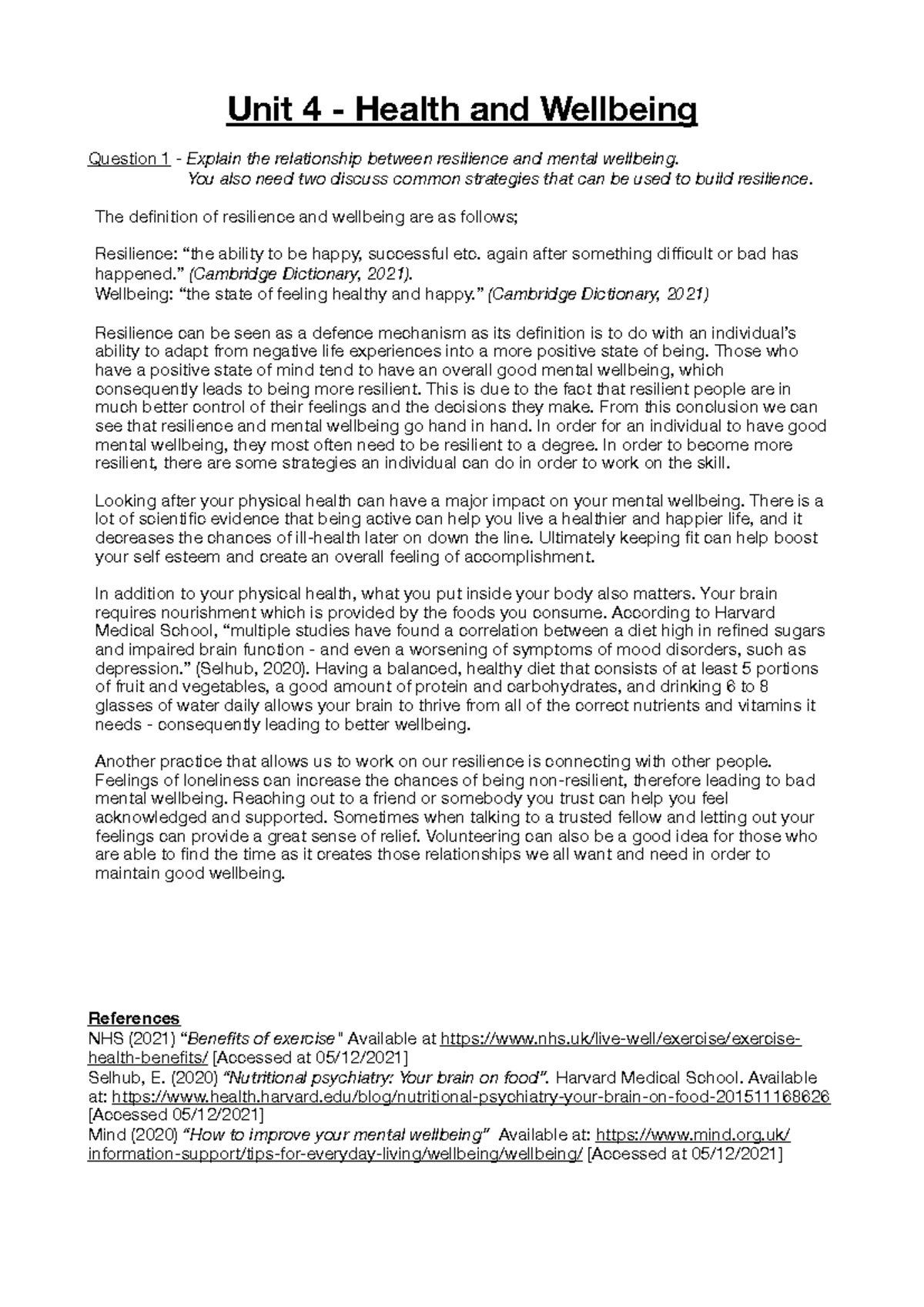 Unit 4 Question 1 essay - Unit 4 - Health and Wellbeing Question 1 ...