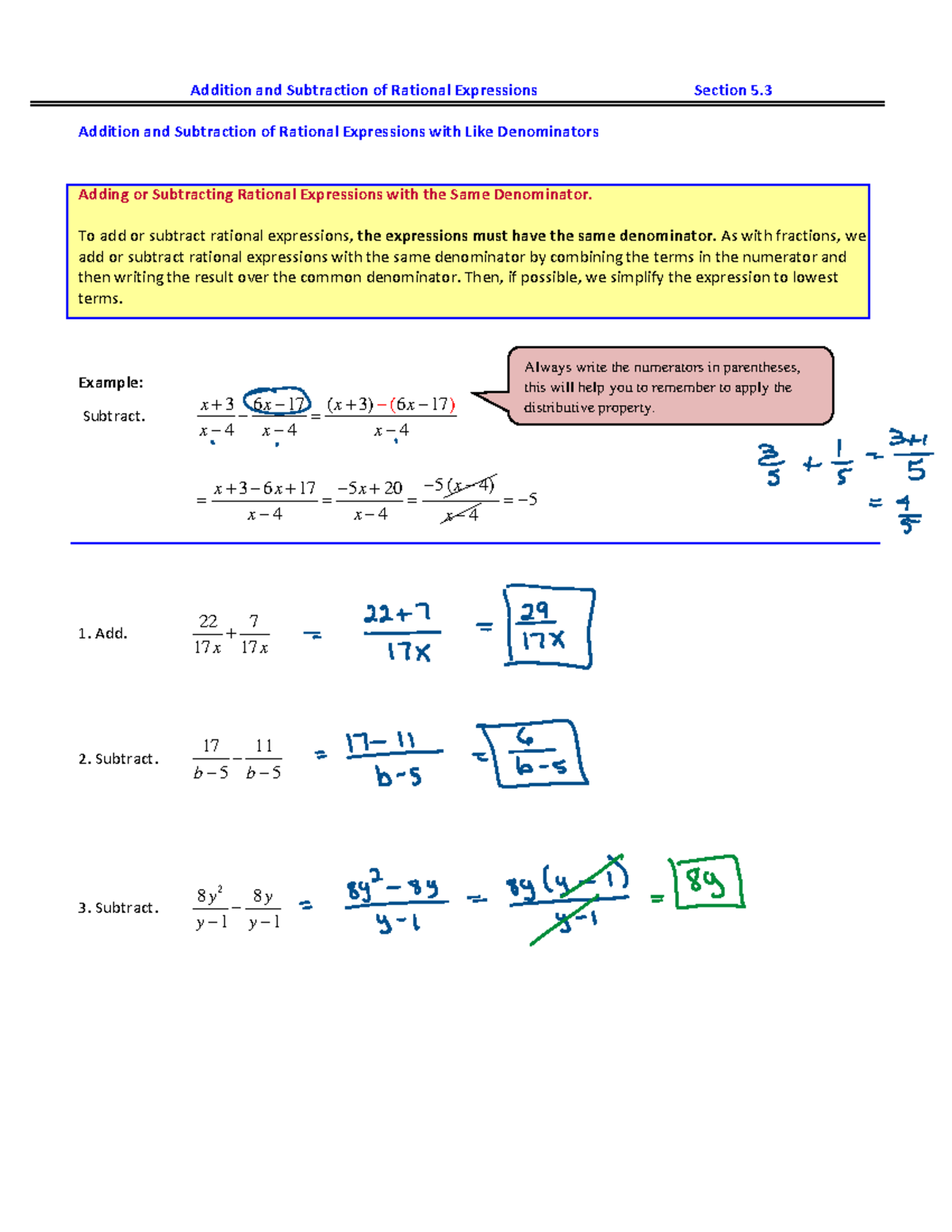 MAT 1033 6 7 2022 5 - Notes - Addition and Subtraction of Rational ...