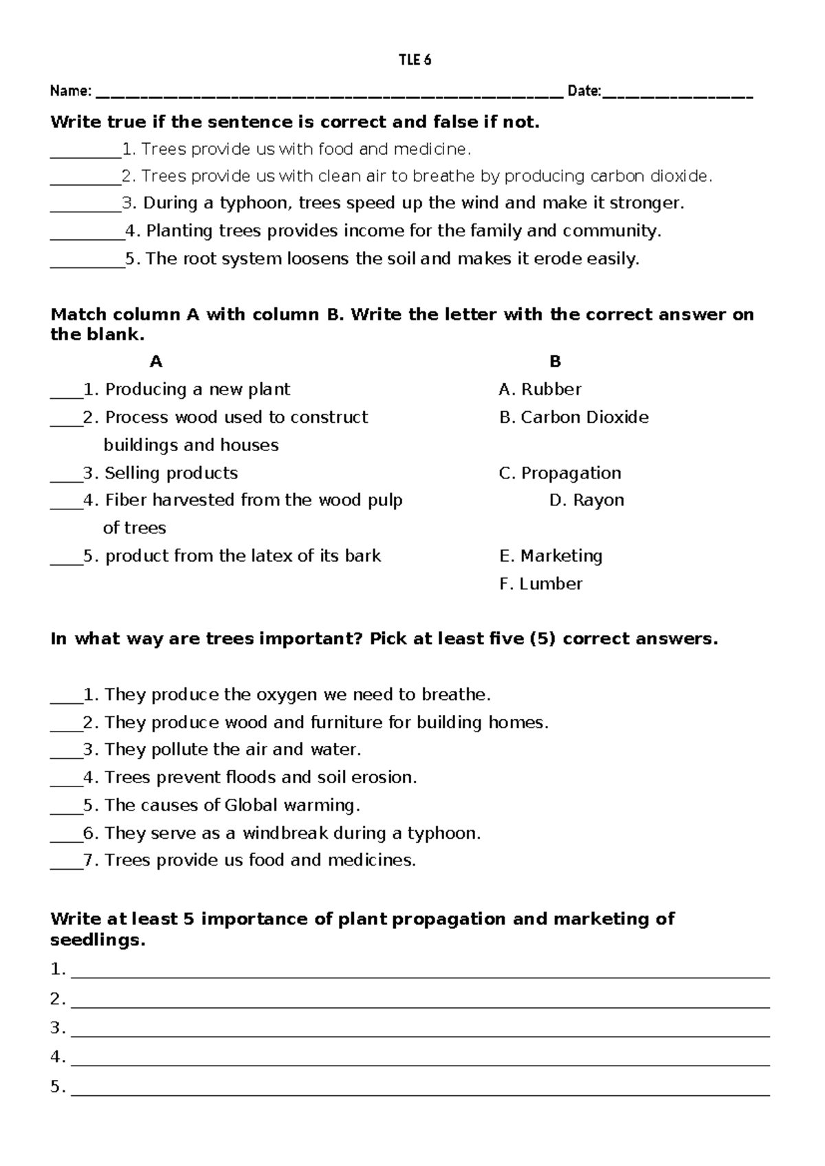 Benefits of trees - TLE Grade 6 - TLE 6 Name: - Studocu
