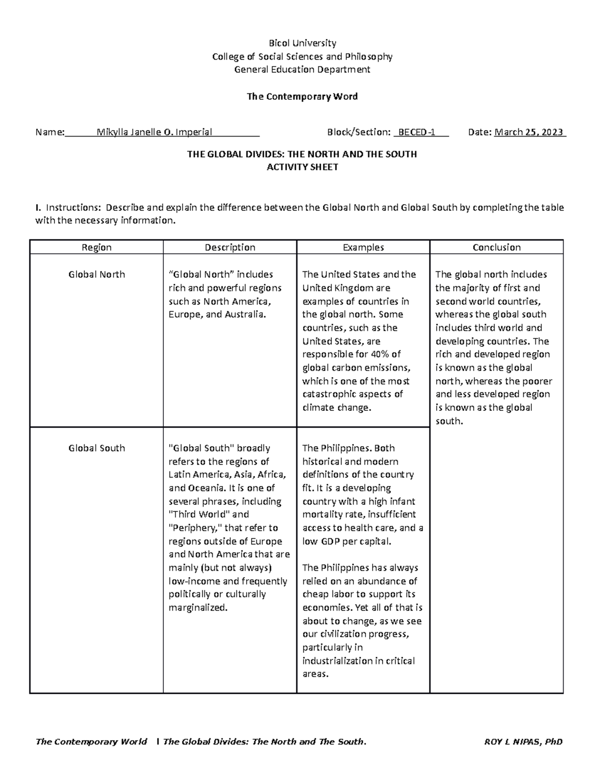 Activity-The Global Divides The North and The South - College of Social ...
