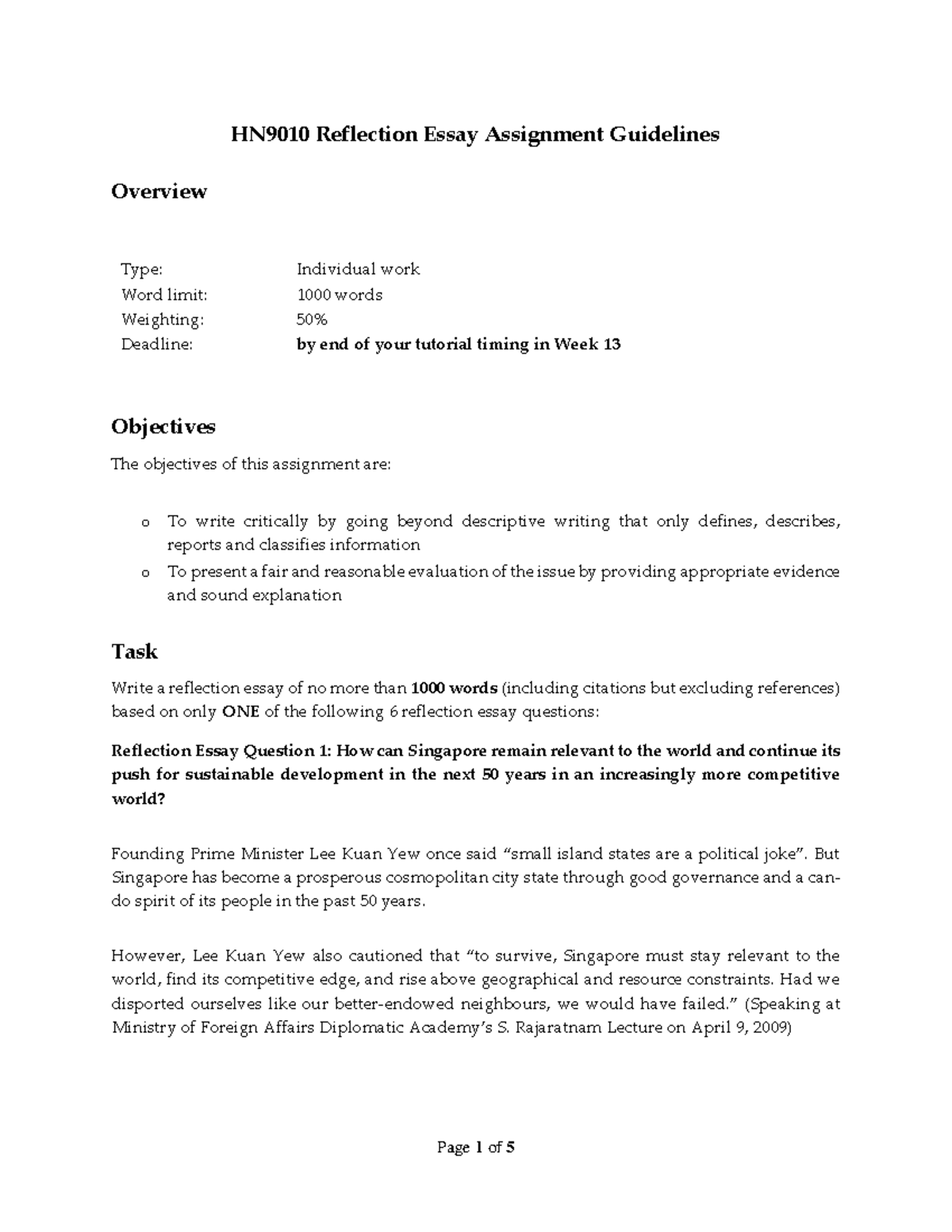 HN9010 Reflection Essay Assignment Guidelines Sem 2 AY2020-2021 ...