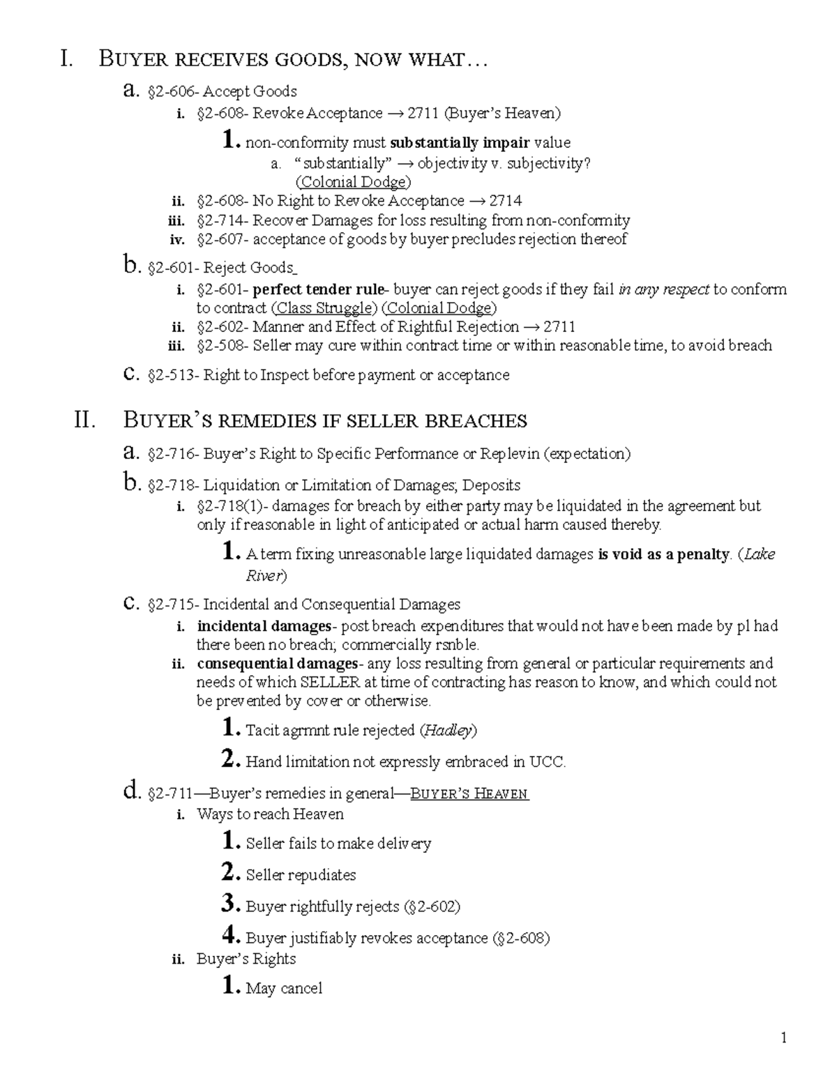 UCC-Outline Sales and Lease - I. BUYER RECEIVES GOODS, NOW WHAT... a ...