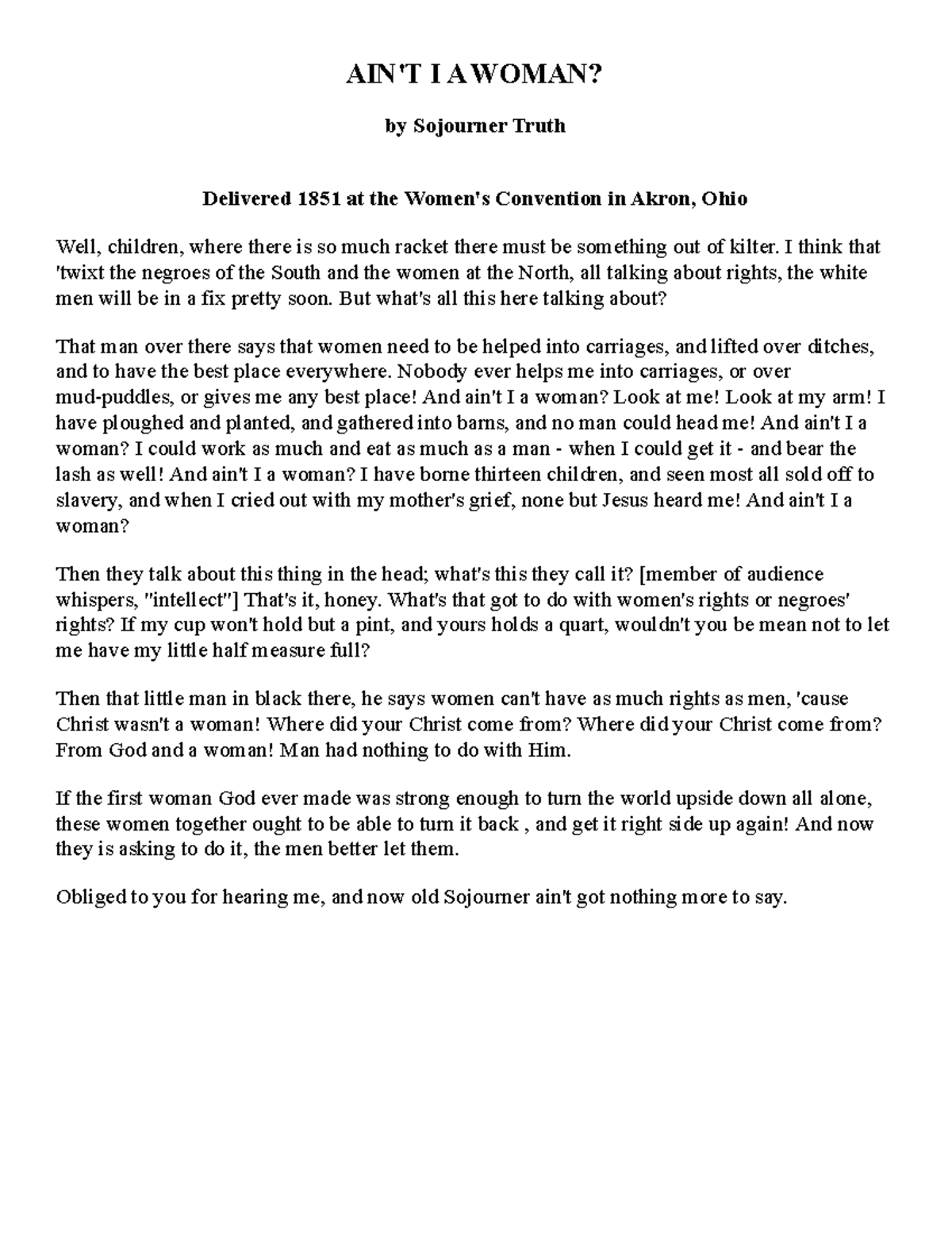 Oral Com Peta - Lecture notes 1 - AIN'T I A WOMAN? by Sojourner Truth ...