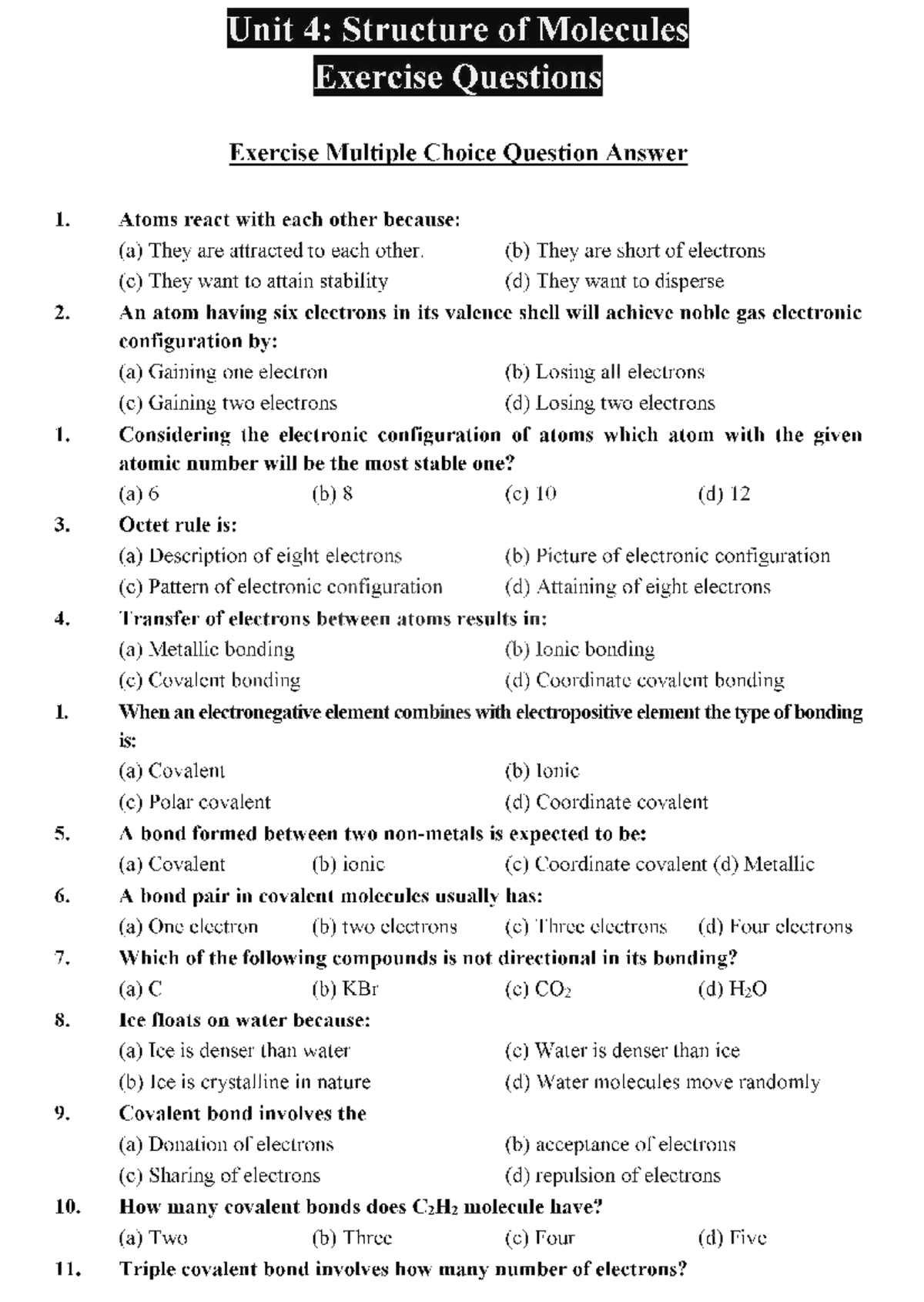 We - Molecules - Unit 4: Structure of Molecules Exercise Questions ...