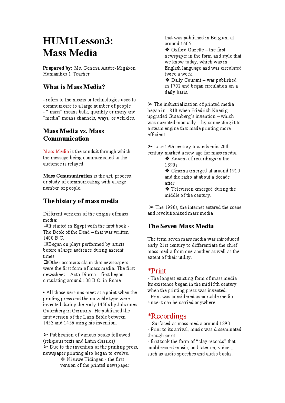 HUM1Lesson 3massmedia - HUM1Lesson3: Mass Media Prepared by: Ms. Genena ...