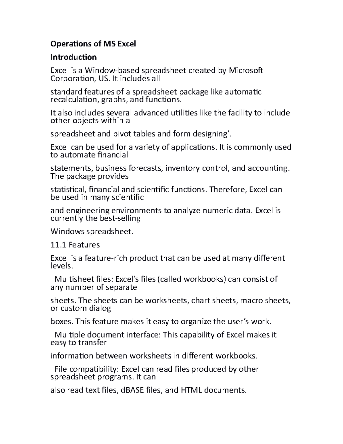 Operations of MS Excel notes - Operations of MS Excel Introduction ...