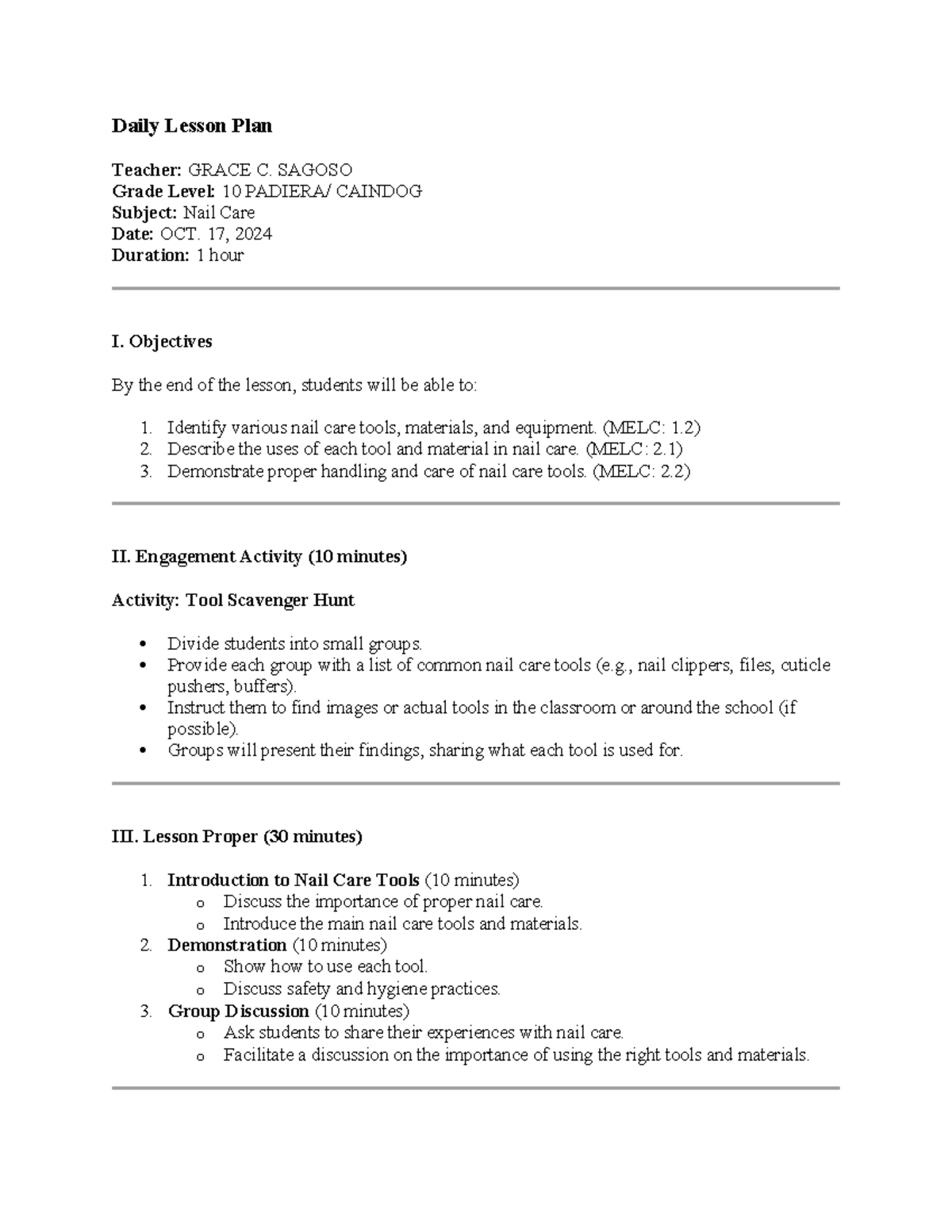 USES OF NAIL CARE TOOLS AND EQUIPMENT - Daily Lesson Plan Teacher ...