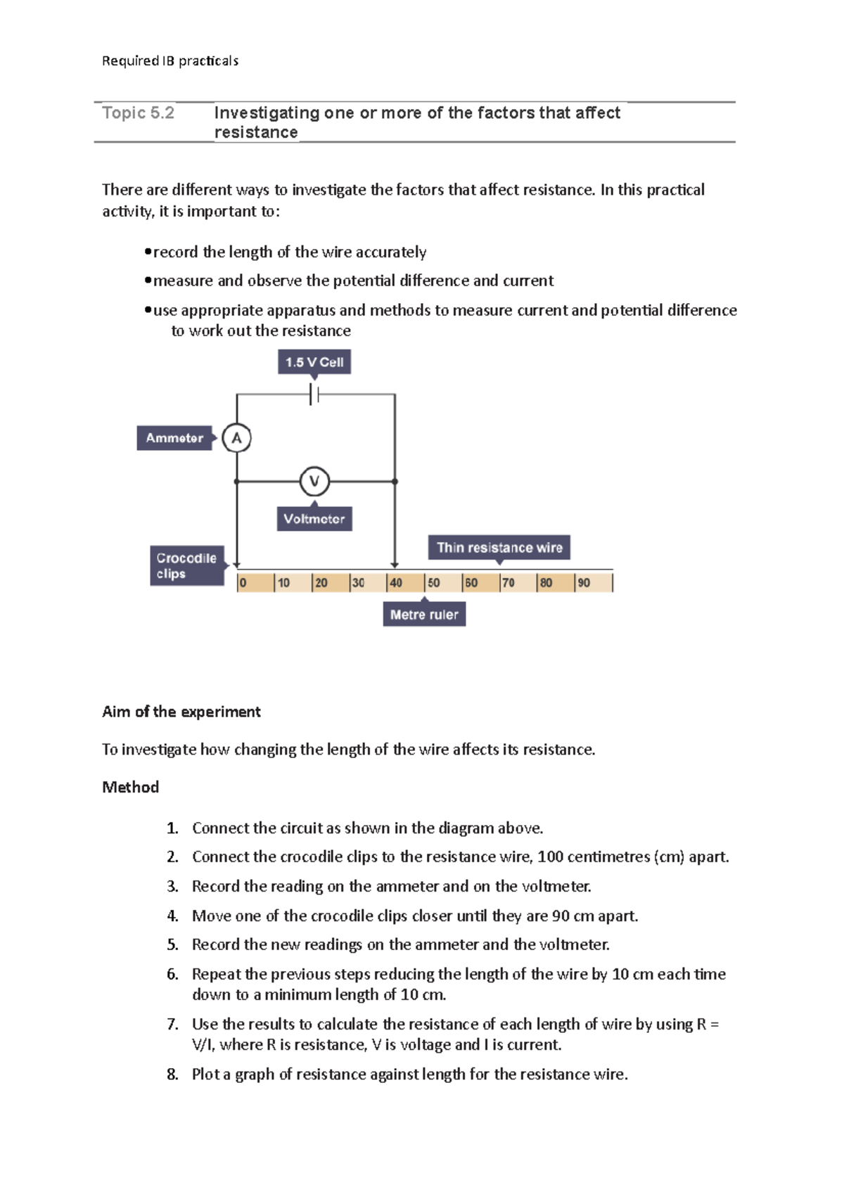 Lab 5.2. Factores affecting resistance of a metal wire - Required IB ...