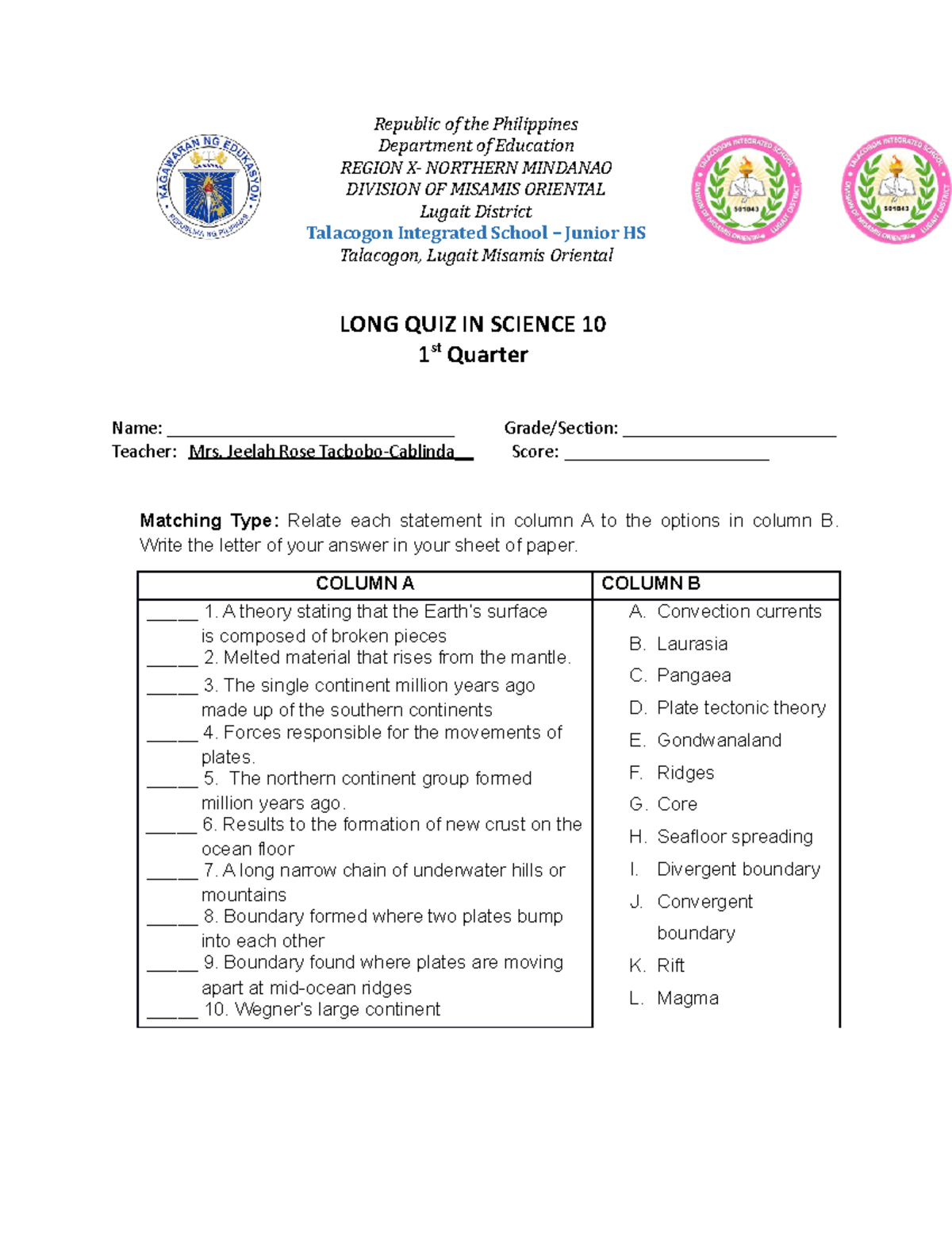 LONG QUIZ IN Science 10 - long quiz - Republic of the Philippines ...