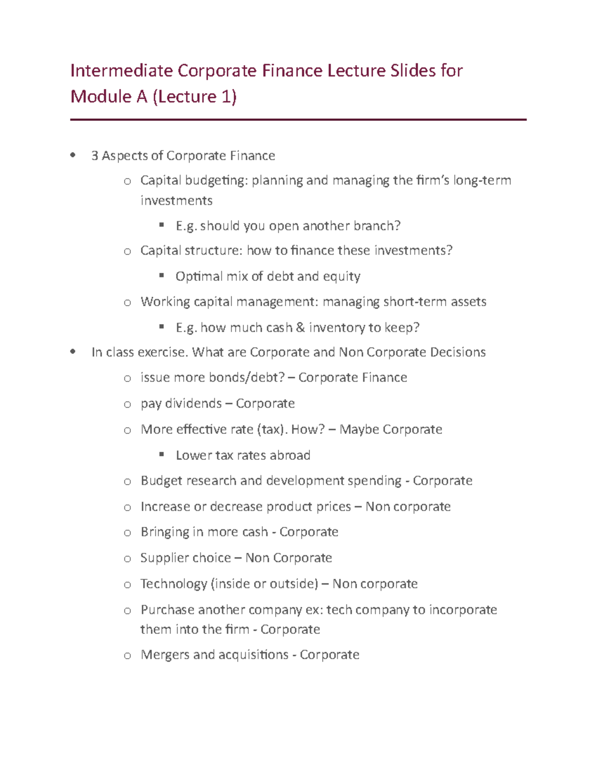 Intermediate Corporate Finance Lecture Slides for Module A - should you ...