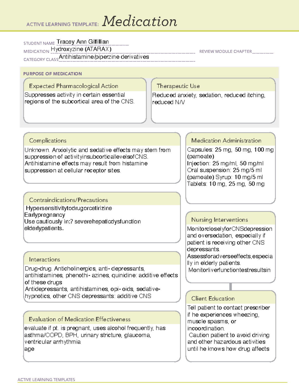 Atarax - Mediation - ACTIVE LEARNING TEMPLATES Medication STUDENT NAME ...