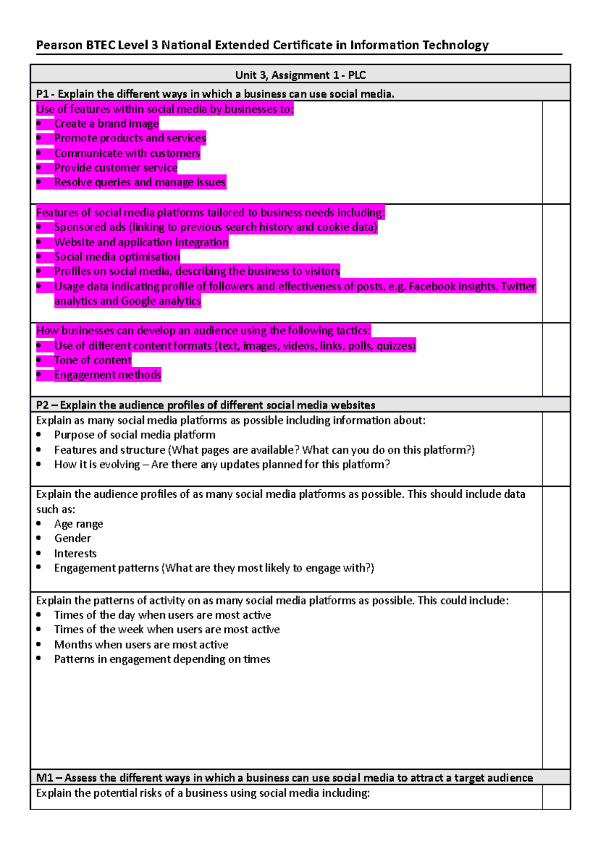 Unit 3 check-list - hihih - Pearson BTEC Level 3 National Extended Certificate in Information ...