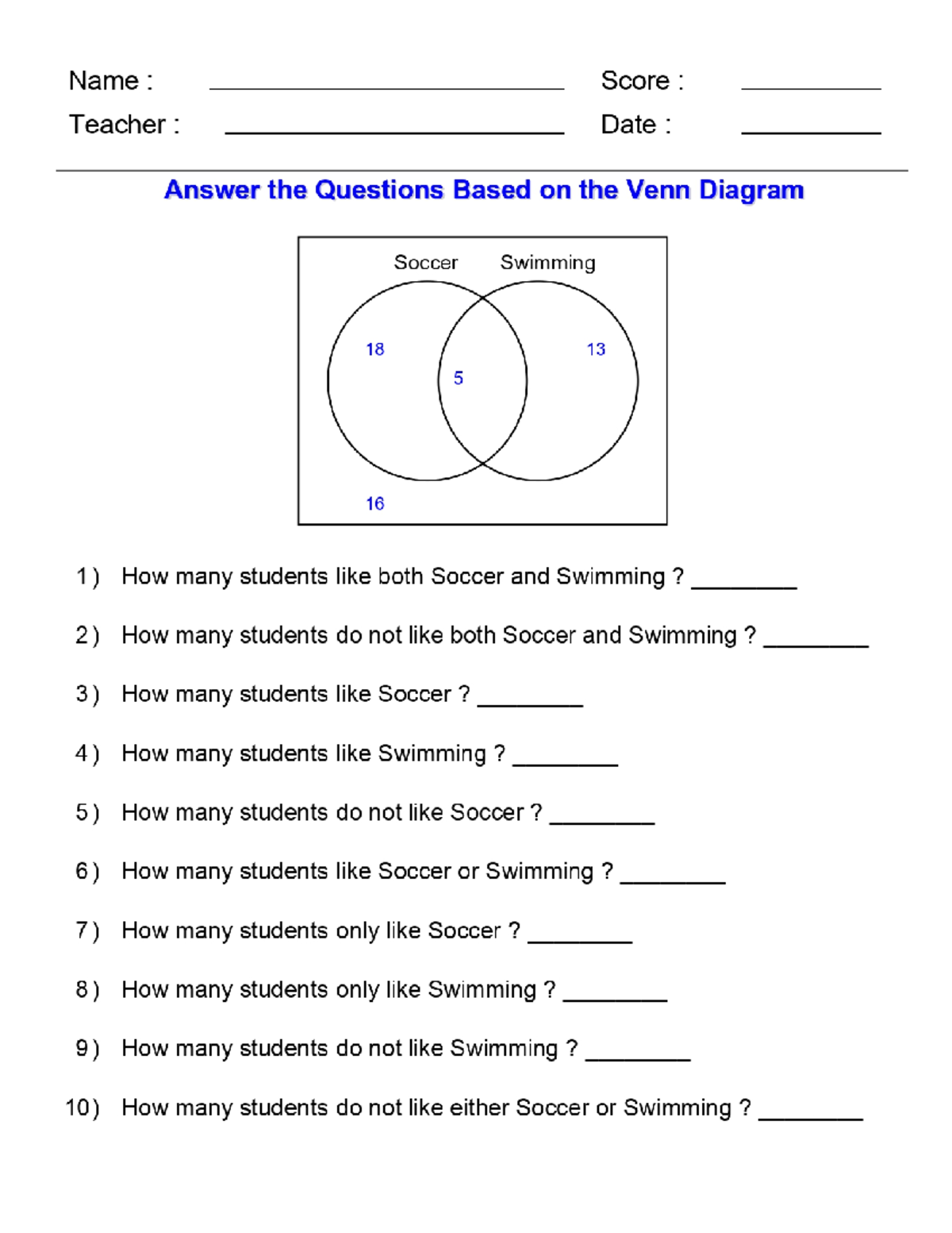 Grade 7 - Sets and Venn Diagrams (Worksheet 1) - Mathematics 7 - Studocu