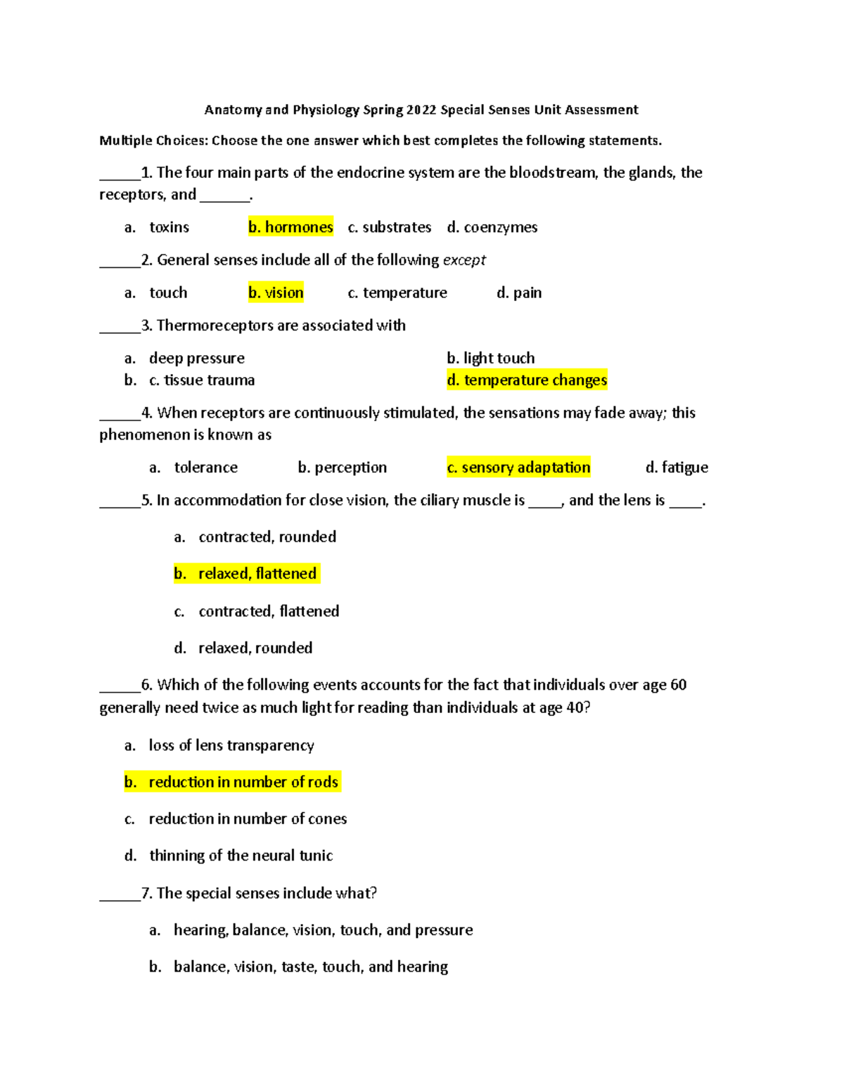 Special Senses Unit Assessment - Anatomy and Physiology Spring 2022 ...