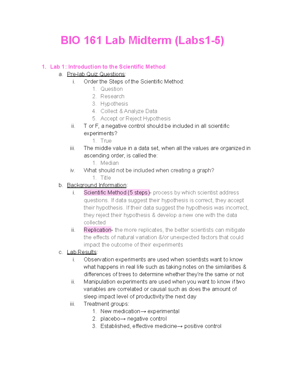 BIO161 Lab Midterm Review - BIO 161 Lab Midterm (Labs1-5) 1. Lab 1 ...